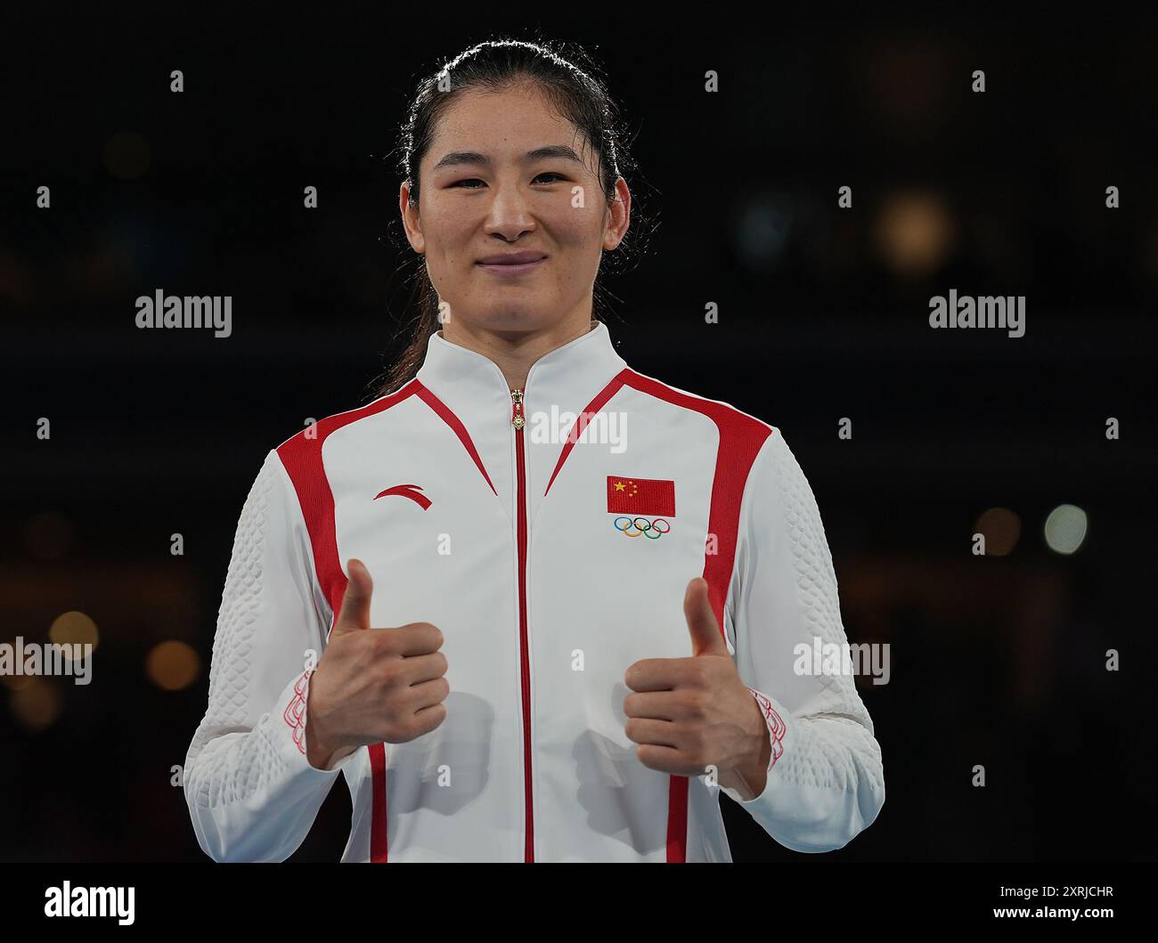 Paris, France. 10th Aug, 2024. Gold medalist China's Li Qian poses ...