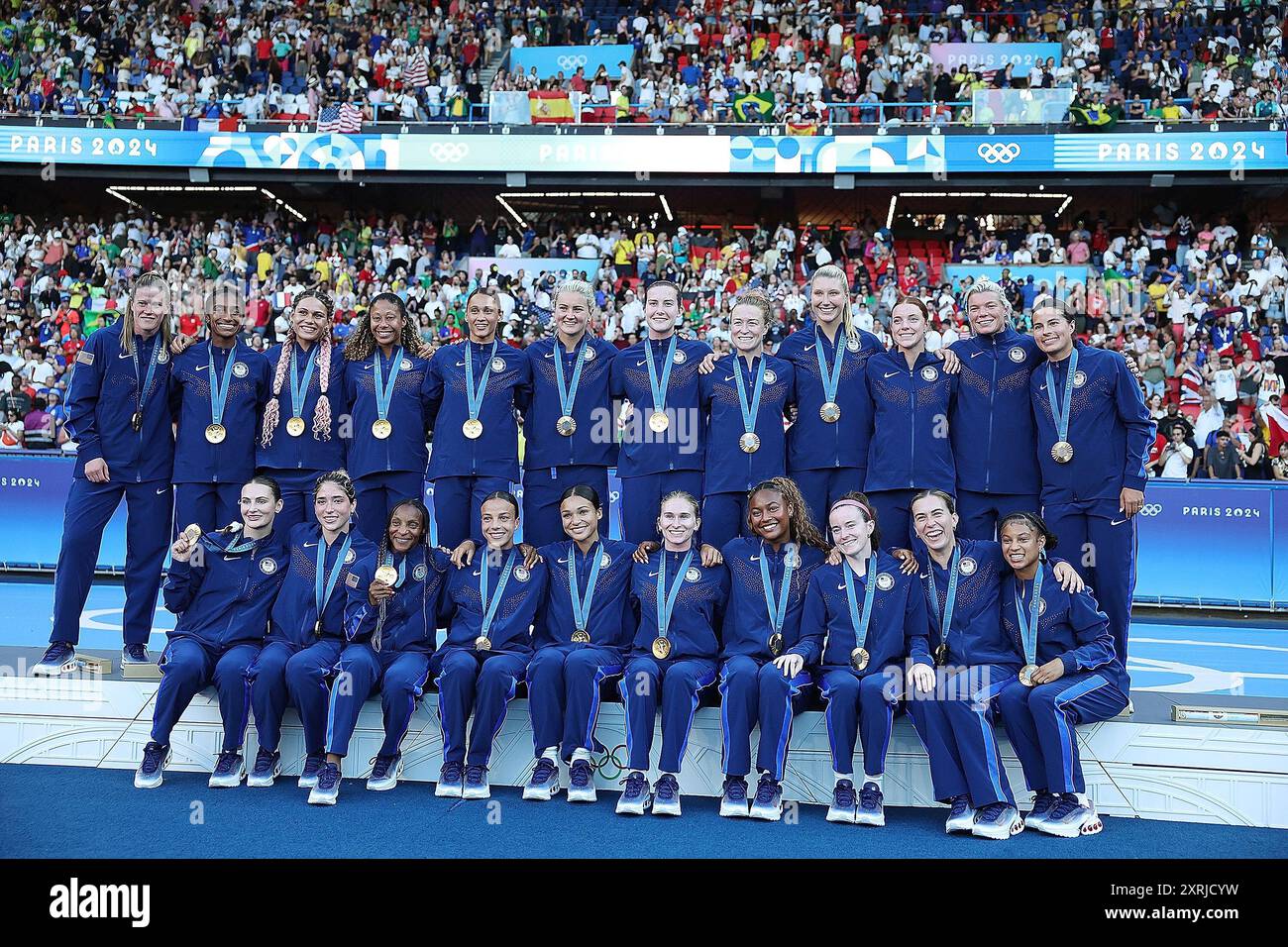 Paris, France. 10th Aug, 2024. Gold medalists team USA react during the victory ceremony of the ...