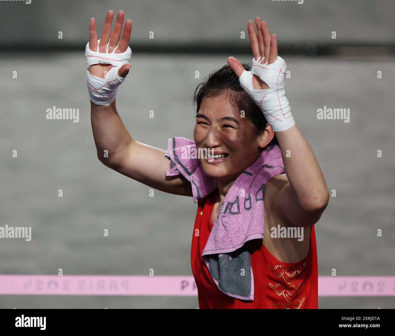 Paris, France. 10th Aug, 2024. Li Qian of China celebrates after the ...