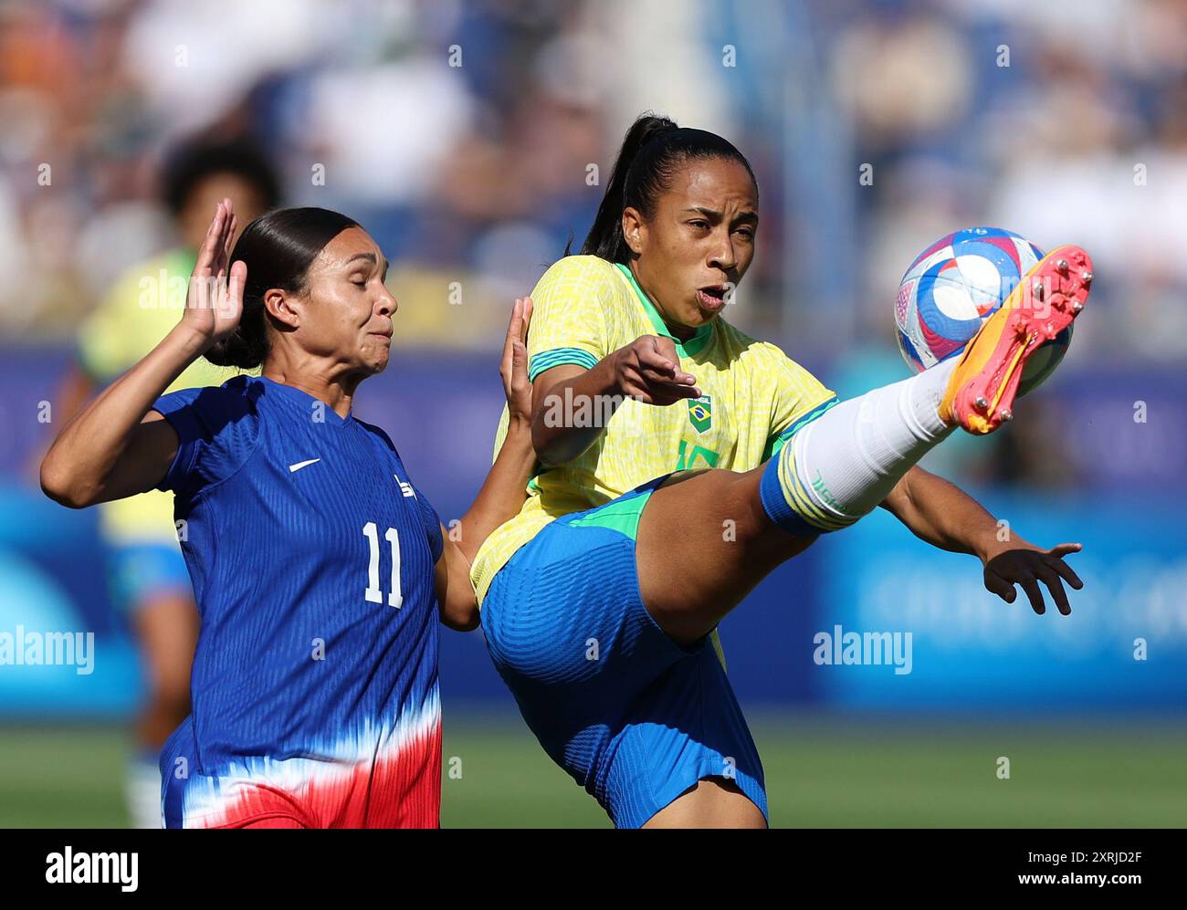 Paris, France. 10th Aug, 2024. Marta (R) of team Brazil and Sophia ...