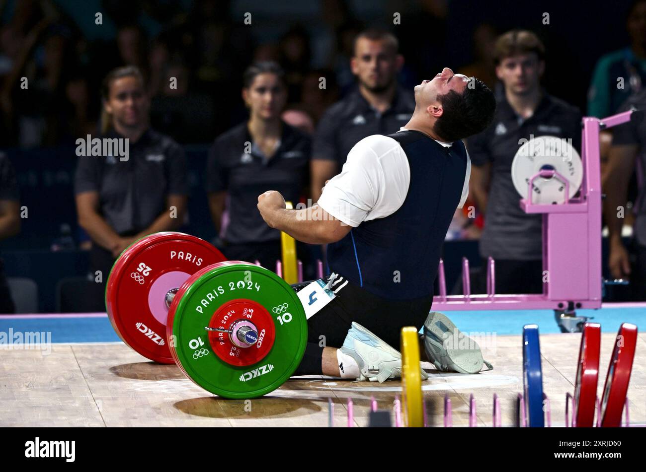 Paris, France. 10th Aug, 2024. Ali Ammar Yusur Rubaiawi of Iraq reacts during the weightlifting ...