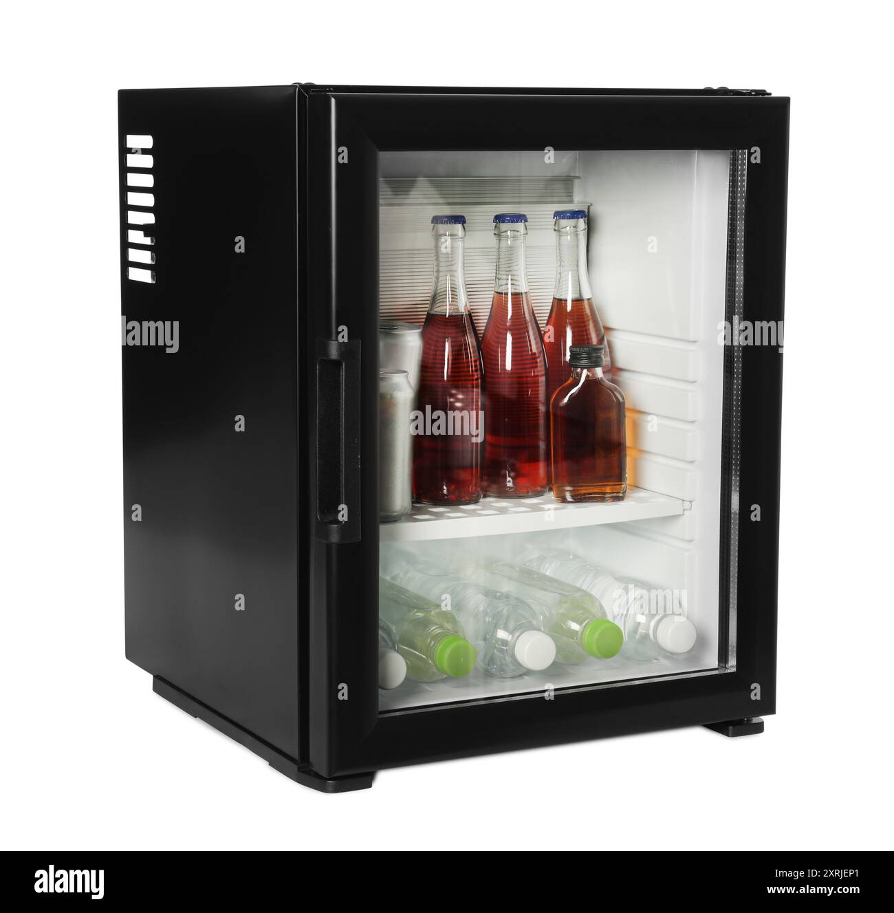Mini refrigerator with drinks isolated on white Stock Photo - Alamy