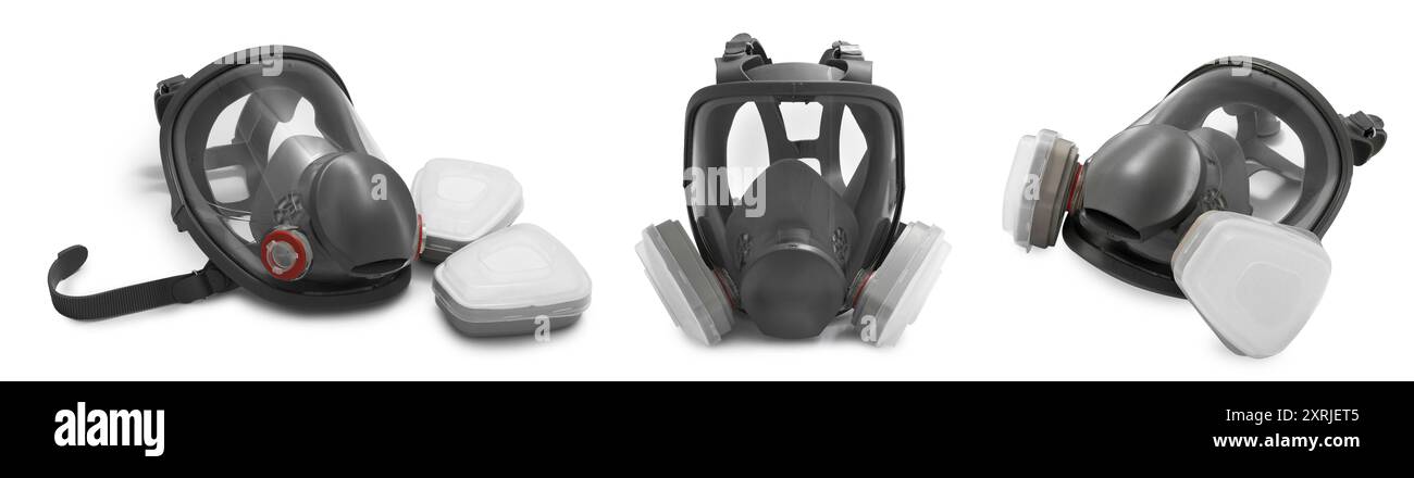 Respirator with replaceable filters isolated on white, collage Stock ...