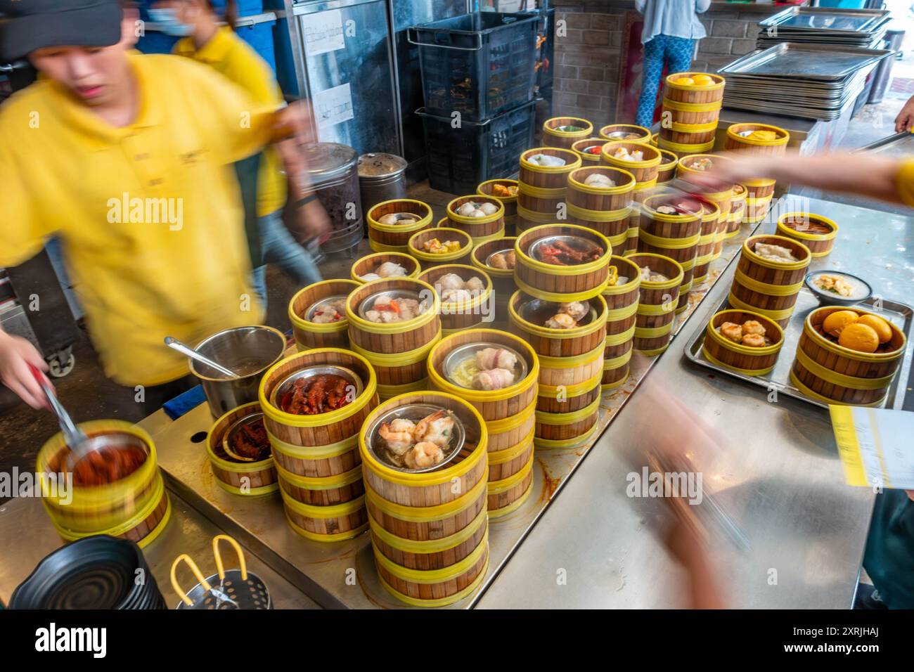 Steamer baskets containing dim sum, popular in south-eastern Asia, at ...