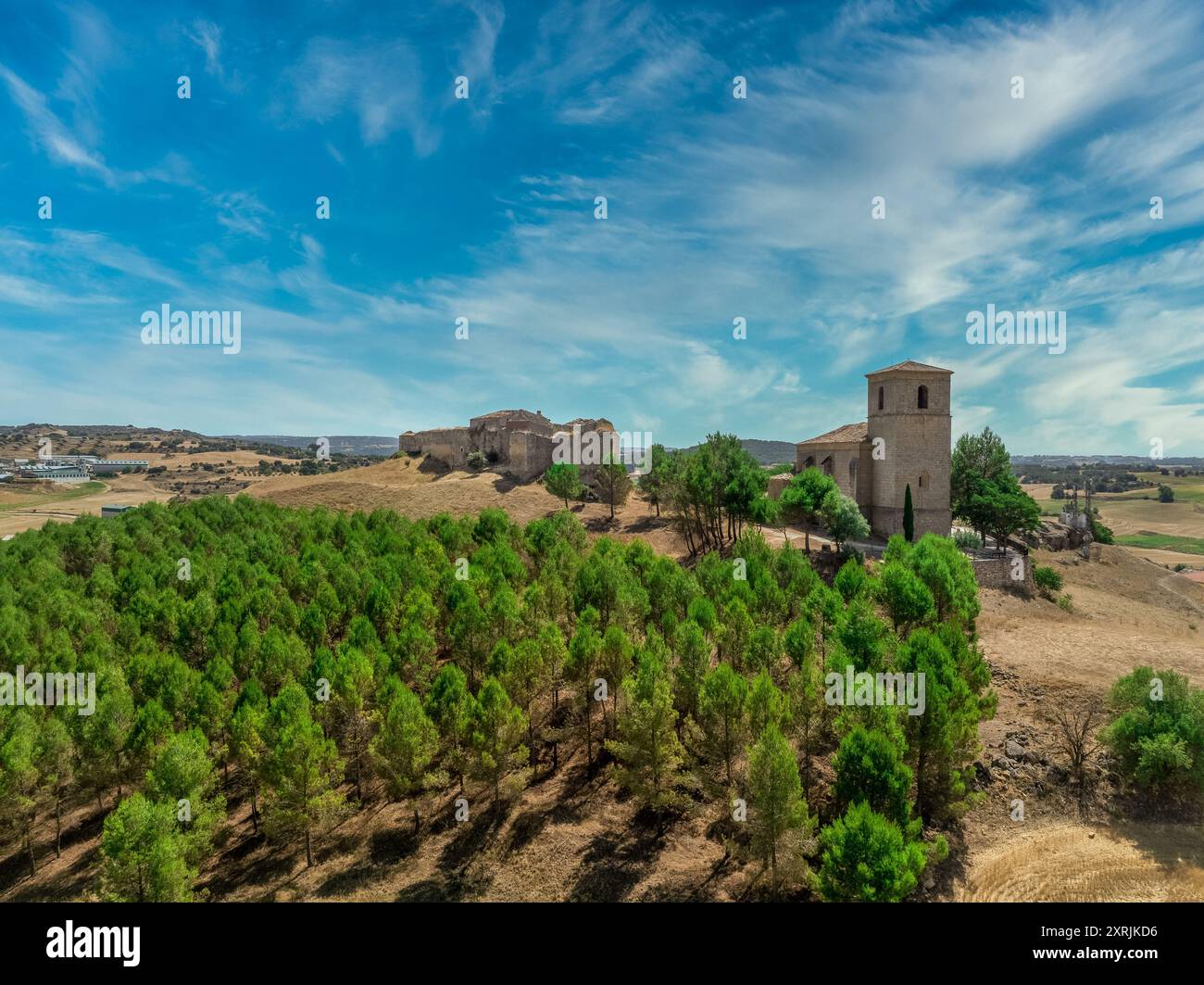 Aerial view of Huerta de la Obispalia in La Mancha Spain, hilltop ...
