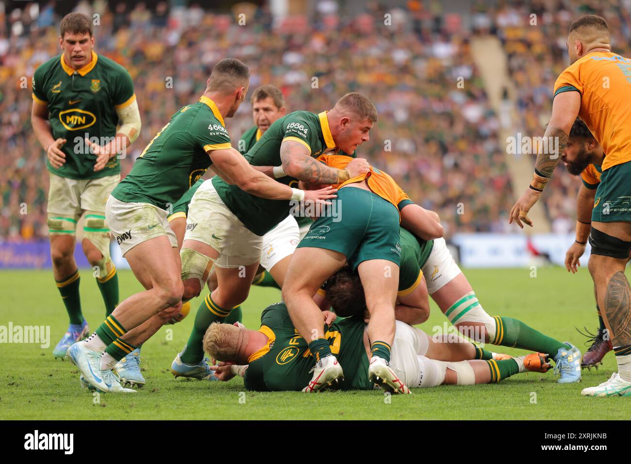 Brisbane, August 10th 2024: Players of South Africa ruck and maul with ...