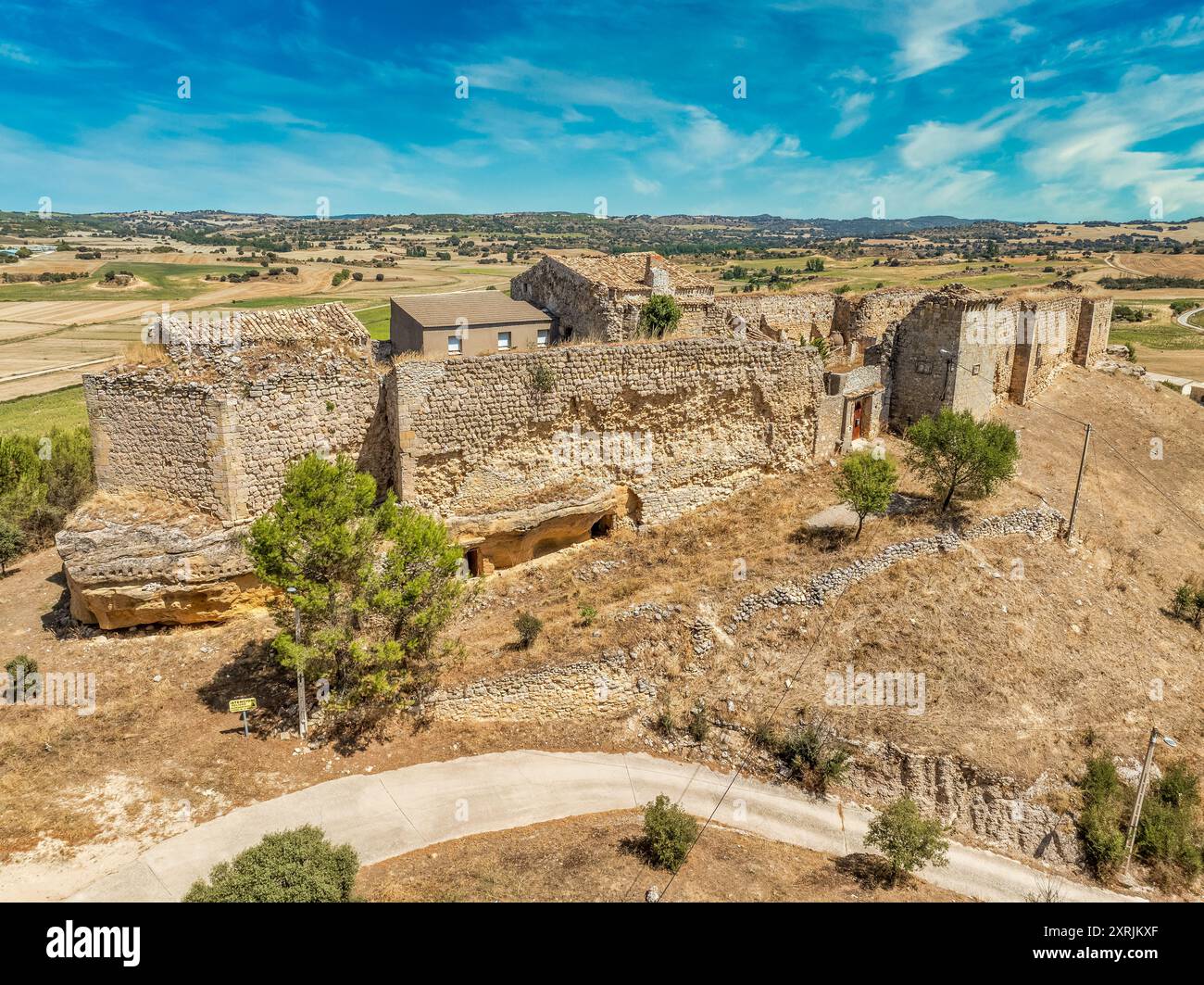 Aerial view of Huerta de la Obispalia in La Mancha Spain, hilltop ...