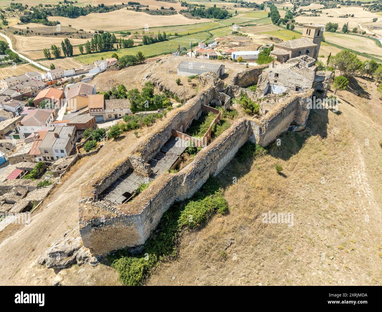 Aerial view of Huerta de la Obispalia in La Mancha Spain, hilltop ...
