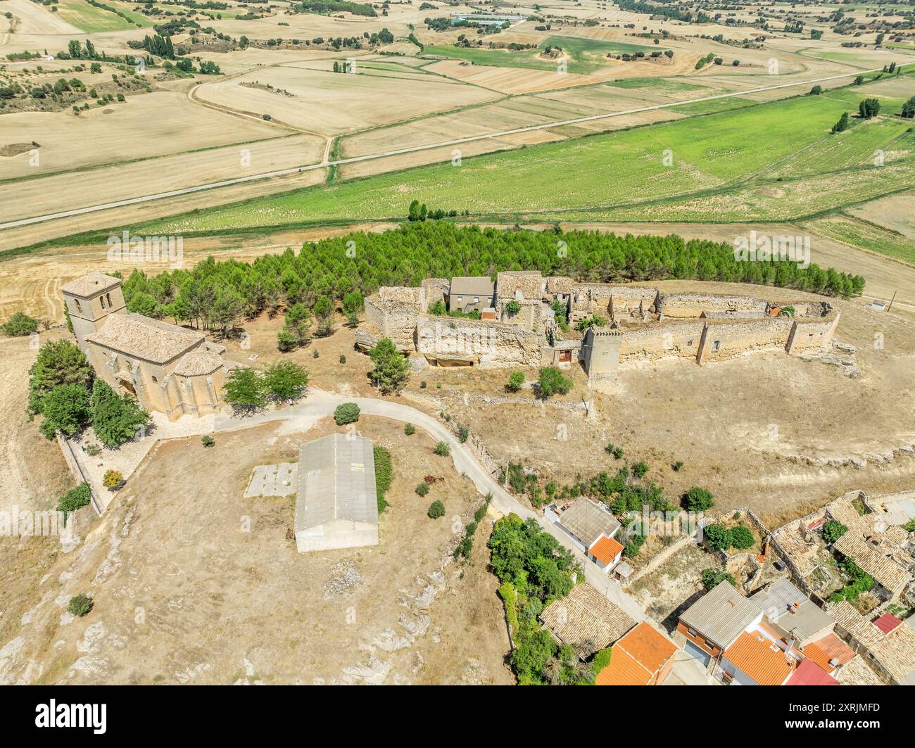 Aerial view of Huerta de la Obispalia in La Mancha Spain, hilltop ...