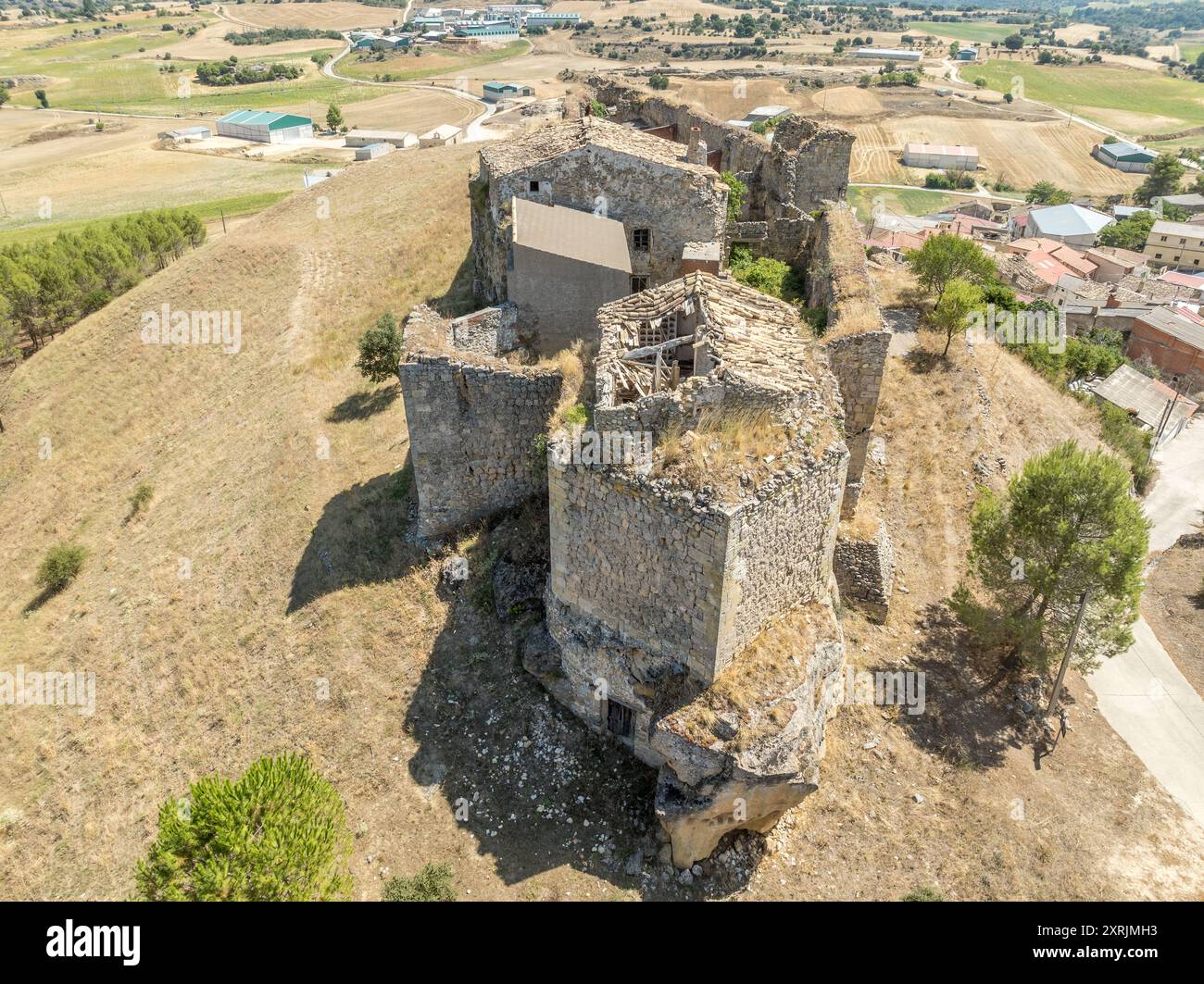 Aerial view of Huerta de la Obispalia in La Mancha Spain, hilltop ...