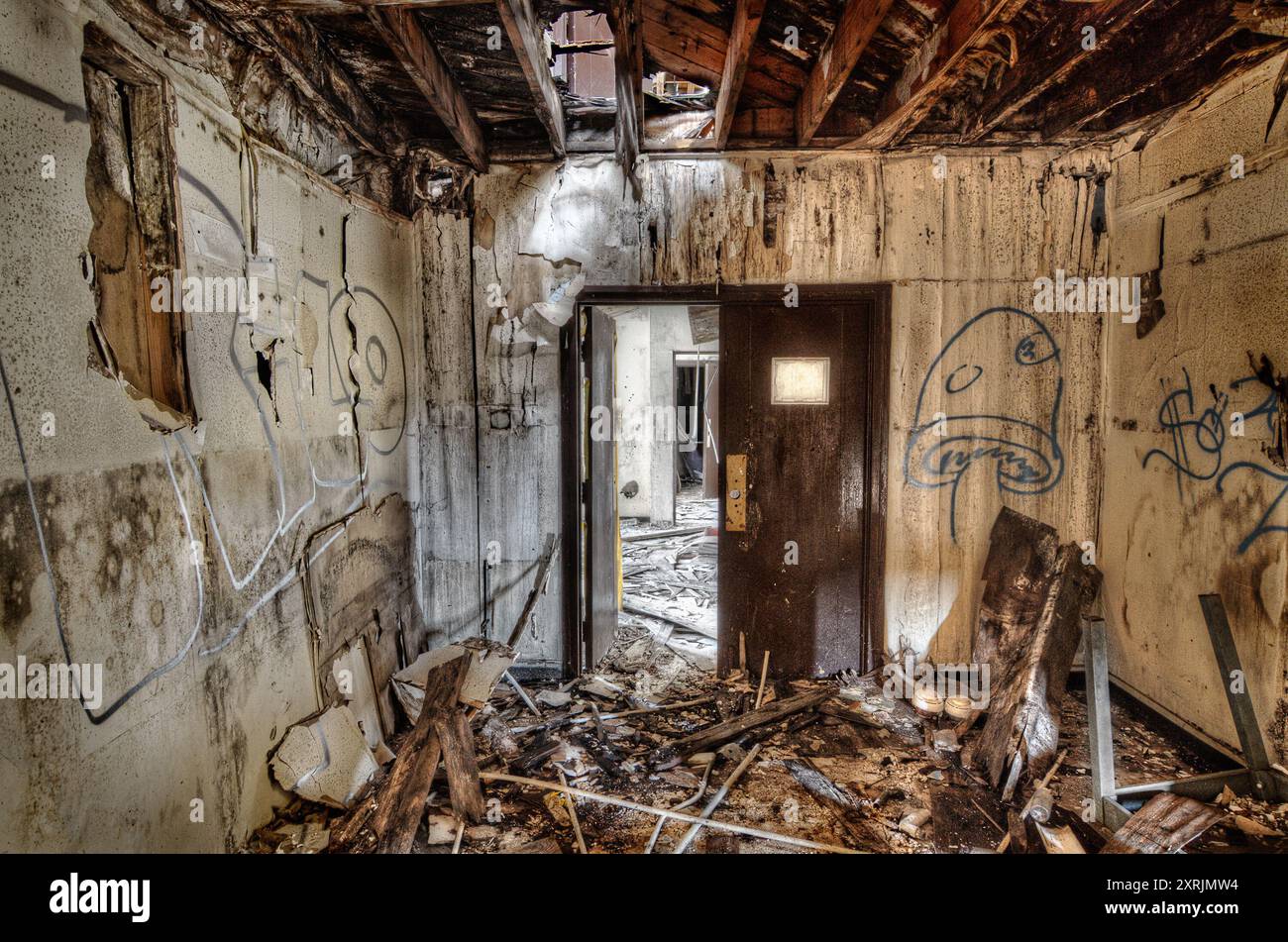 Peeling paint, crumbling walls, graffiti and a partially collapsed roof ...