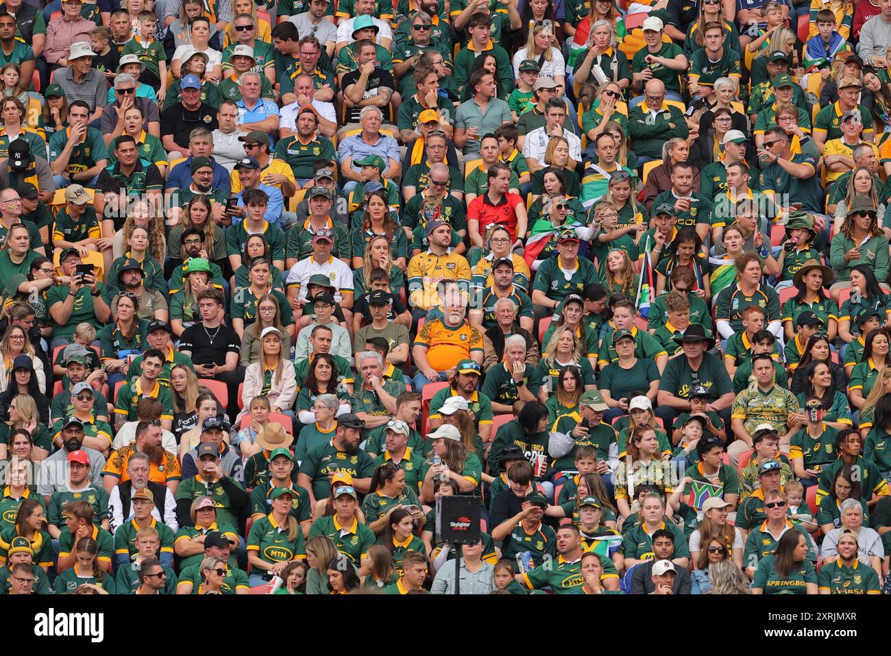 Brisbane, August 10th 2024: Wallabies fan is seen surrounded by fans of ...