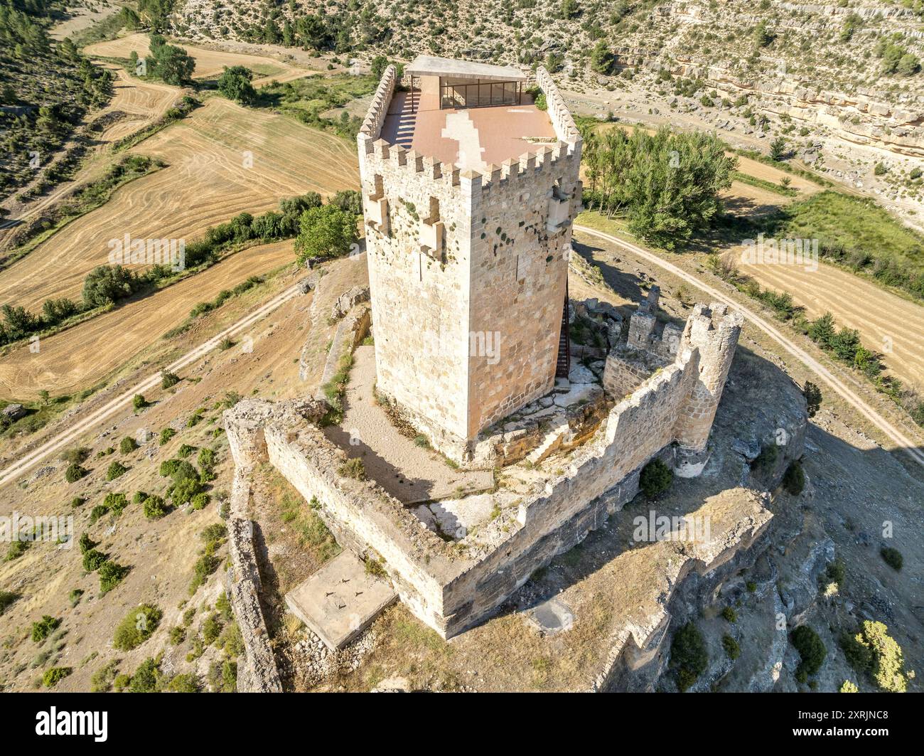 Aerial view of Paracuellos de la Vega Spanish medieval castle perched ...
