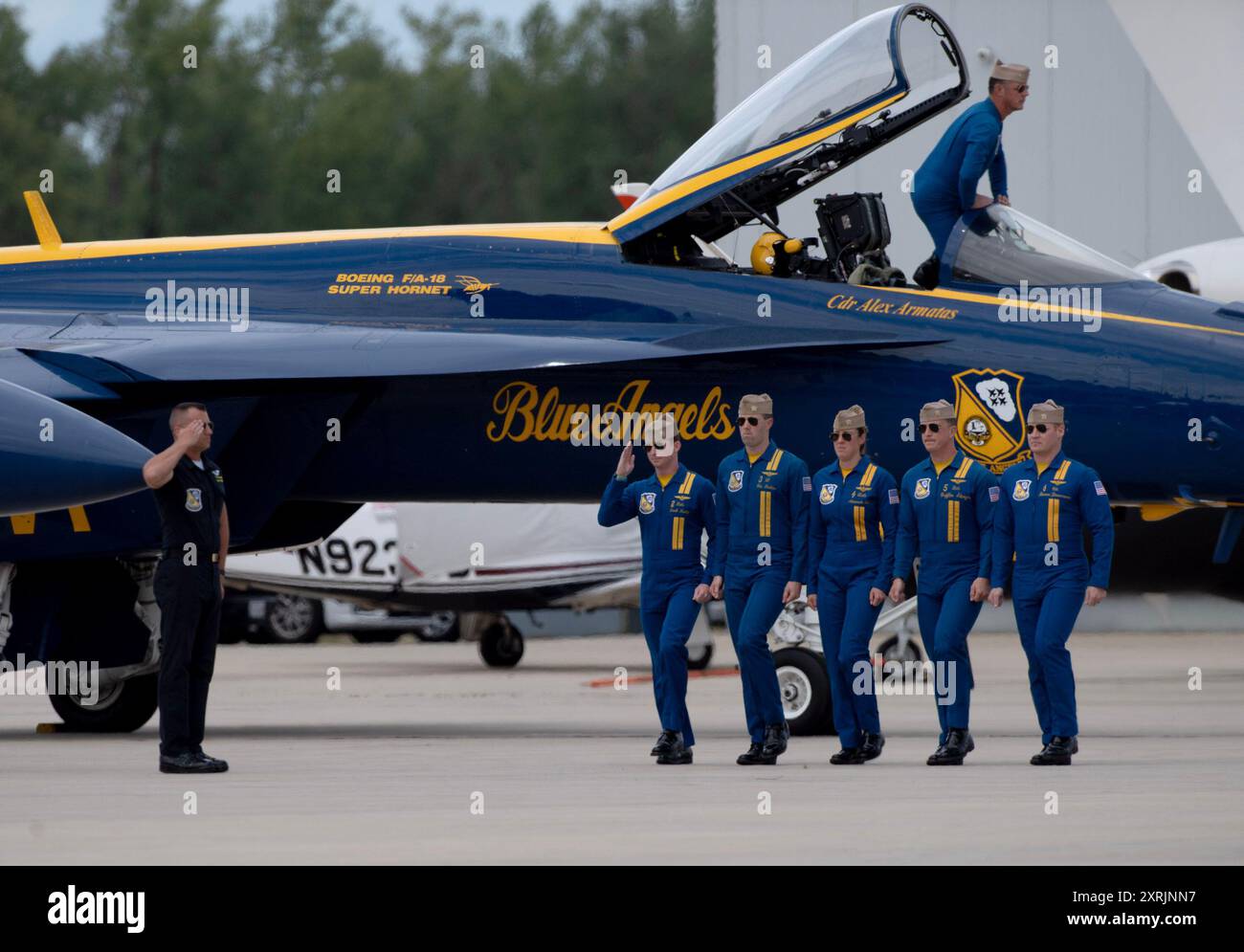 Gary, Indiana, USA. 9th Aug, 2024. Blue Angels Pilots march out to their planes in "formation ...