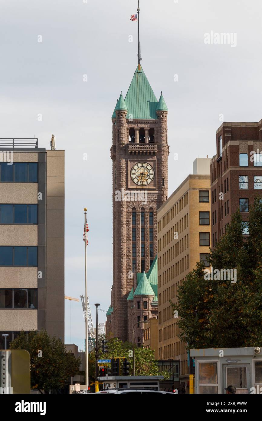 Municipal City hall clock tower in downtown Minneapolis in Minnesota ...