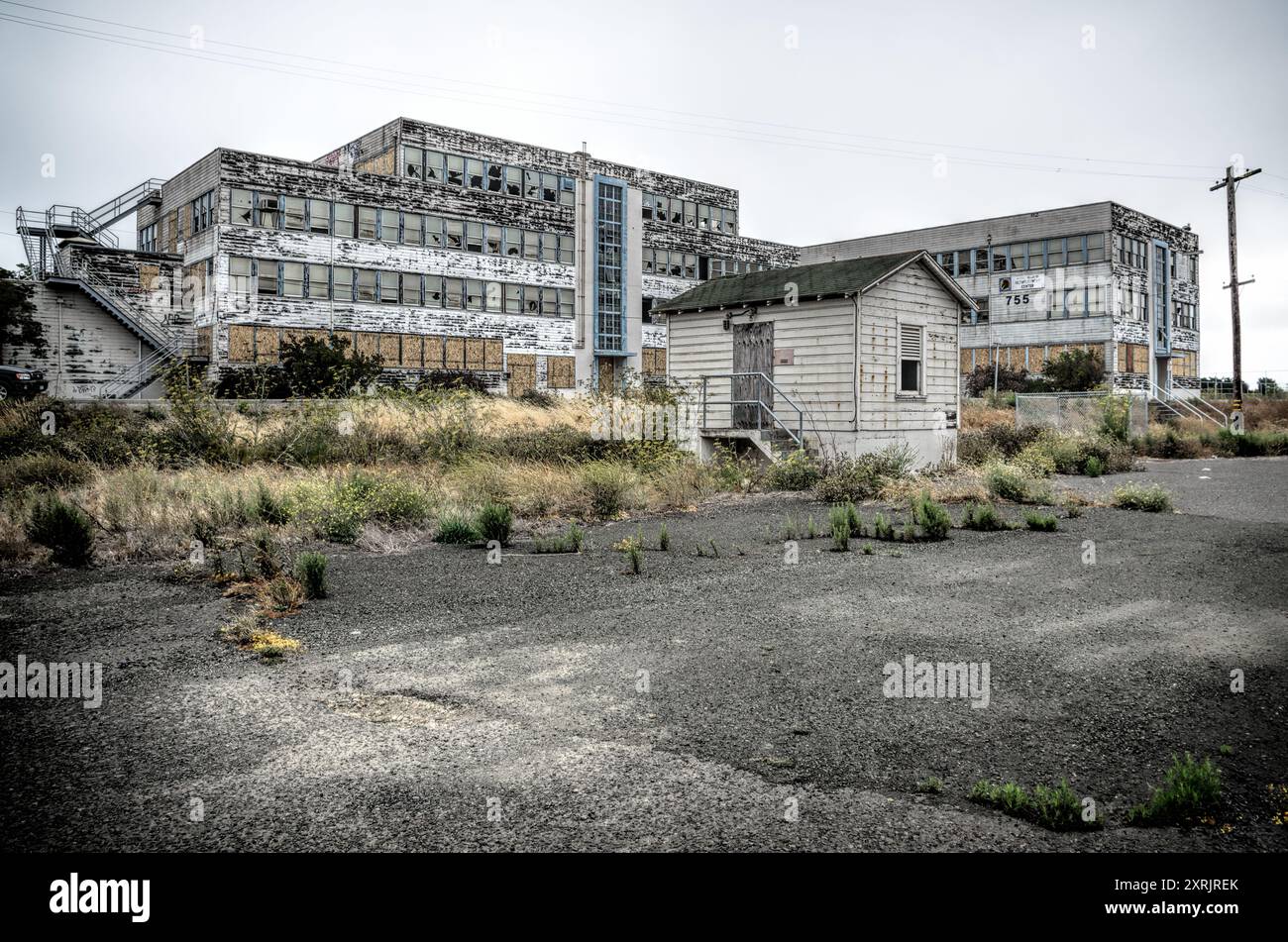 Exterior view of an abandoned, disintegrating building at the ...