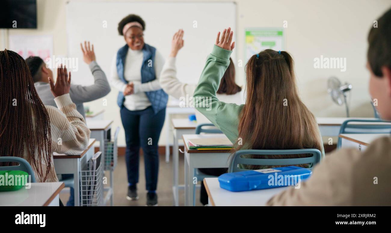 Hands, question and students in classroom, education and preparing for ...