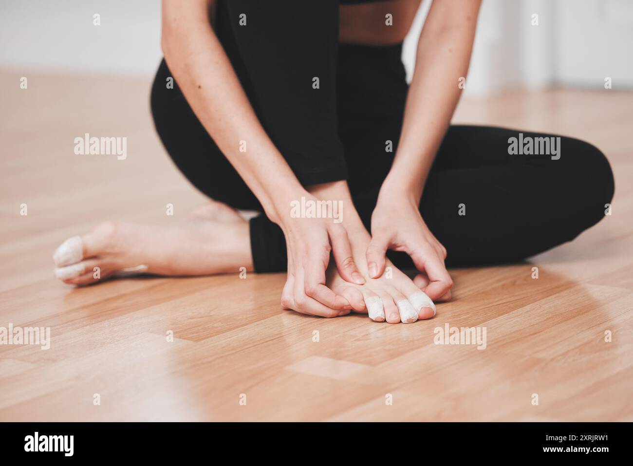 Person, ballet dancer and feet with injury, pain or ache from accident ...