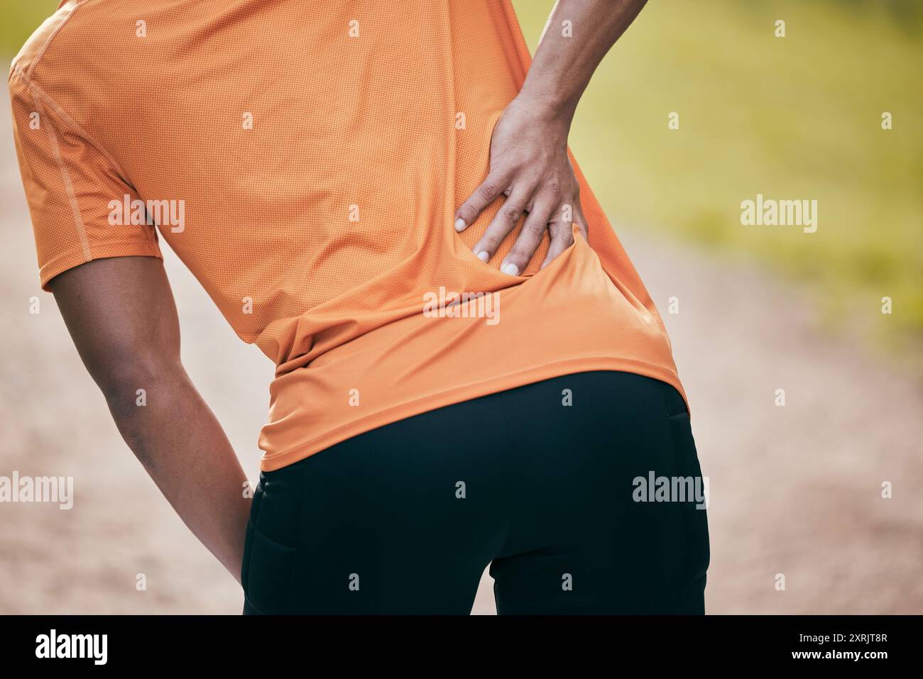 Fitness, person and back pain from injury outdoor with workout accident ...