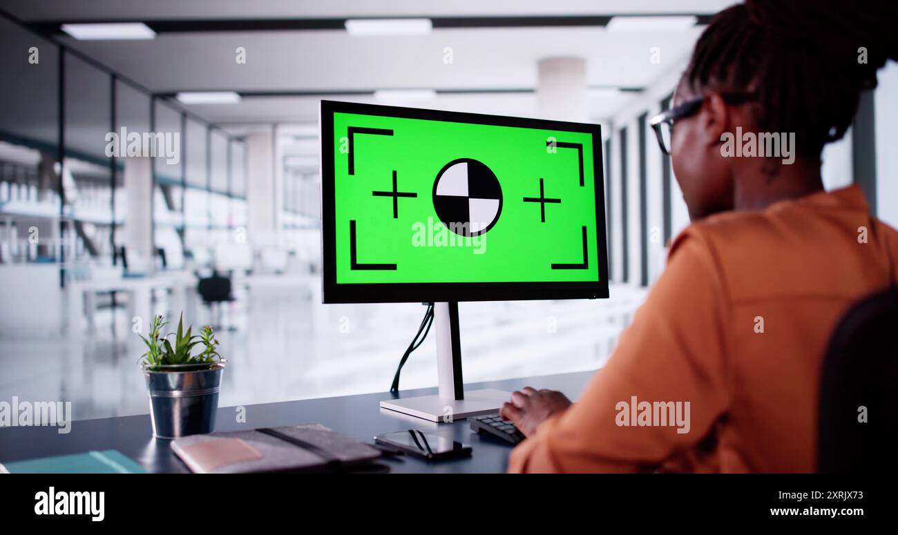 Blank Desktop Computer Screen In Office. Woman Looking At Job Screen ...