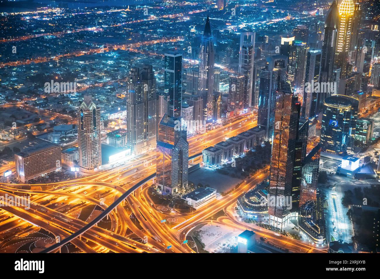 Aerial View Of Evening Night Traffic Of Dubai. City Street Night Illumination Of Dubai Skyline ...