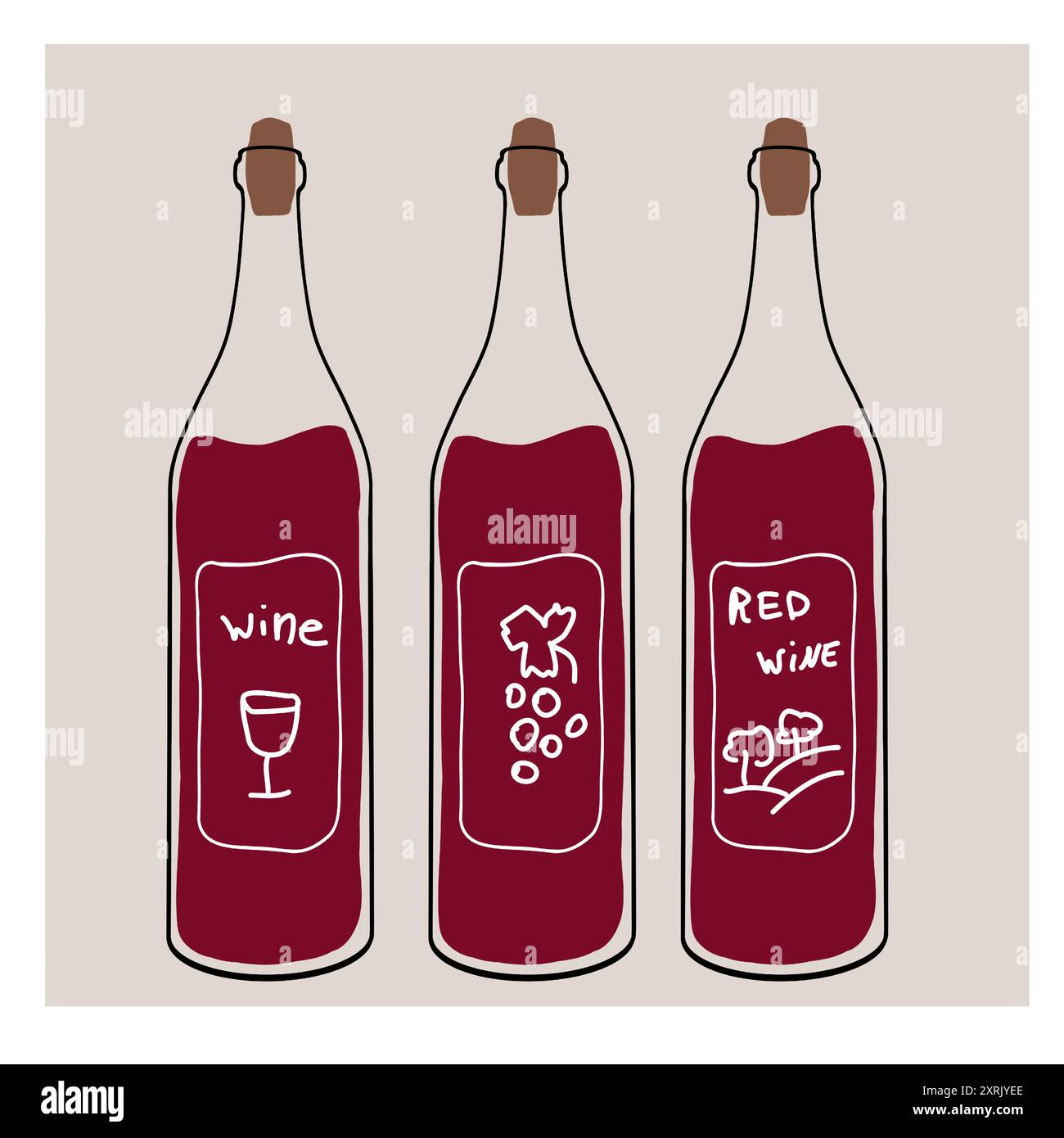 Artistic depiction of three wine bottles featuring different labels in ...