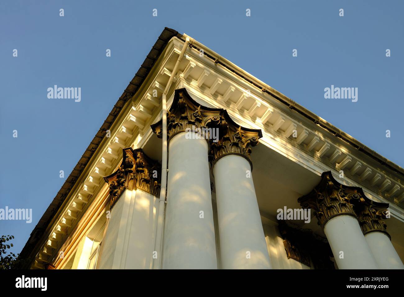 Majestic neoclassical building facade with ornate white columns and ...