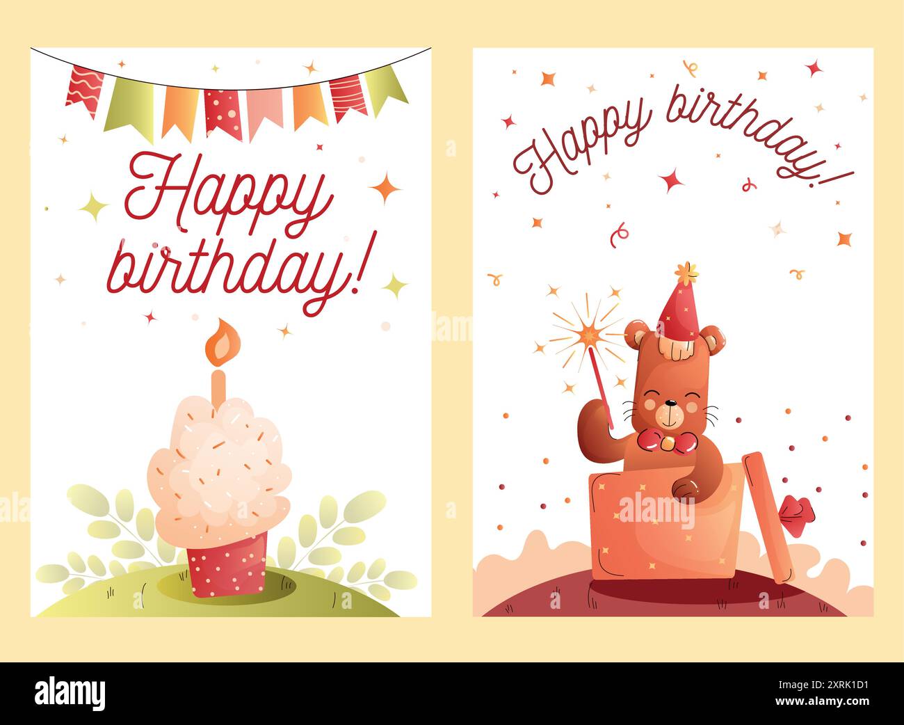 Childrens cute greeting card. Birthday card set with cupcake and bear ...