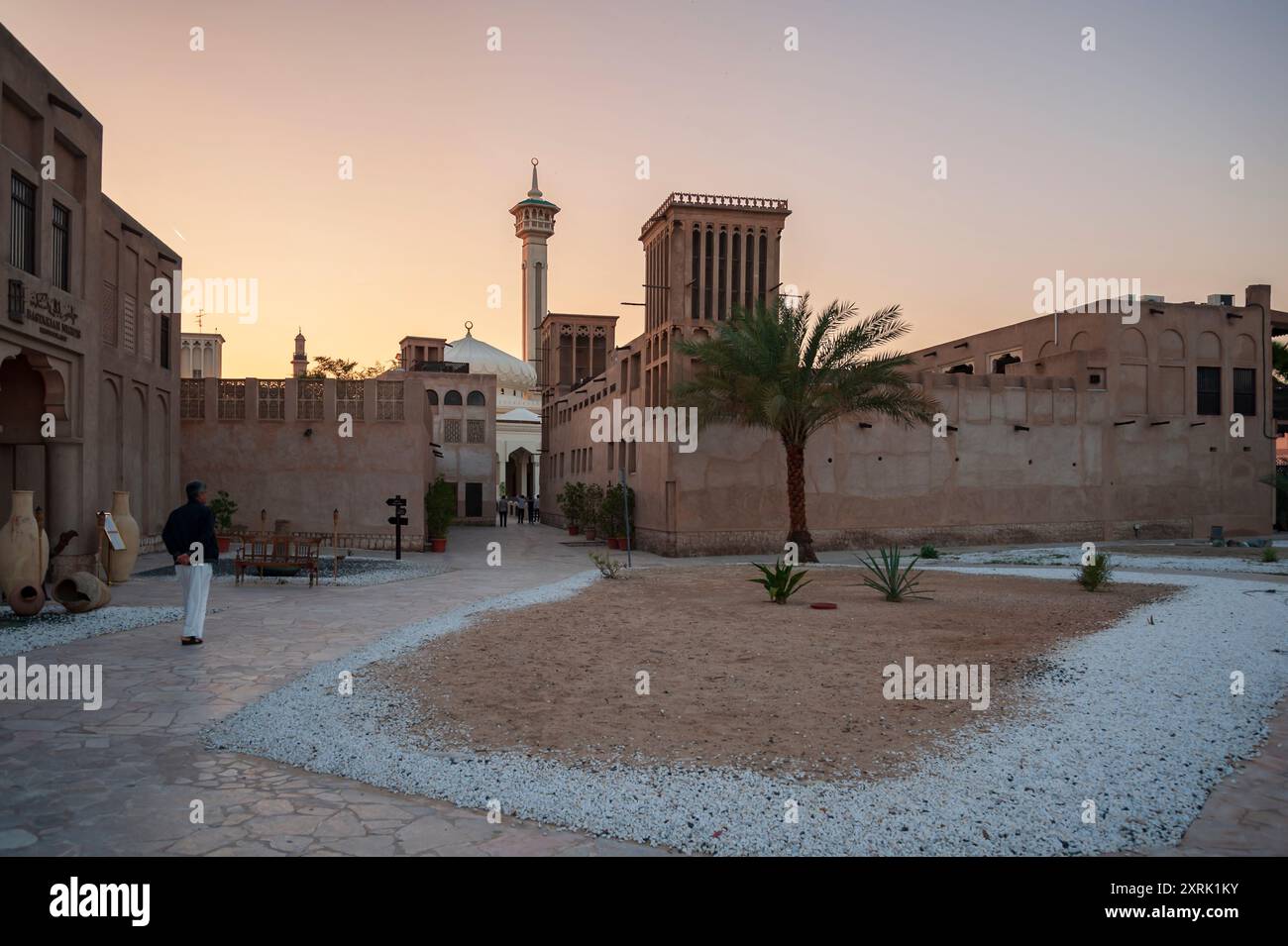 Buildings and mosque at sunset in historic Souk Bastakia now Al Fahidi ...