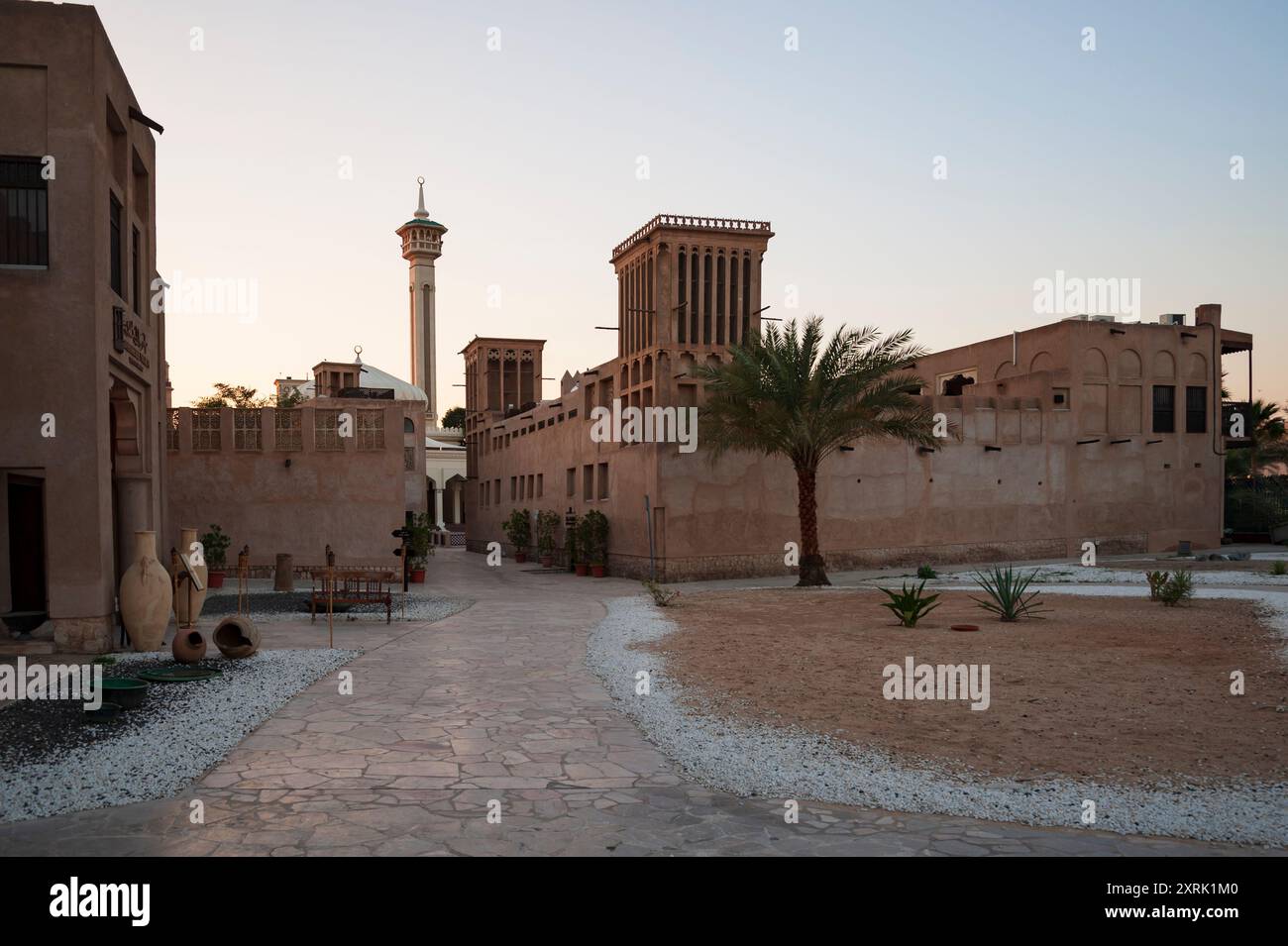 Buildings and mosque at sunset in historic Souk Bastakia now Al Fahidi ...