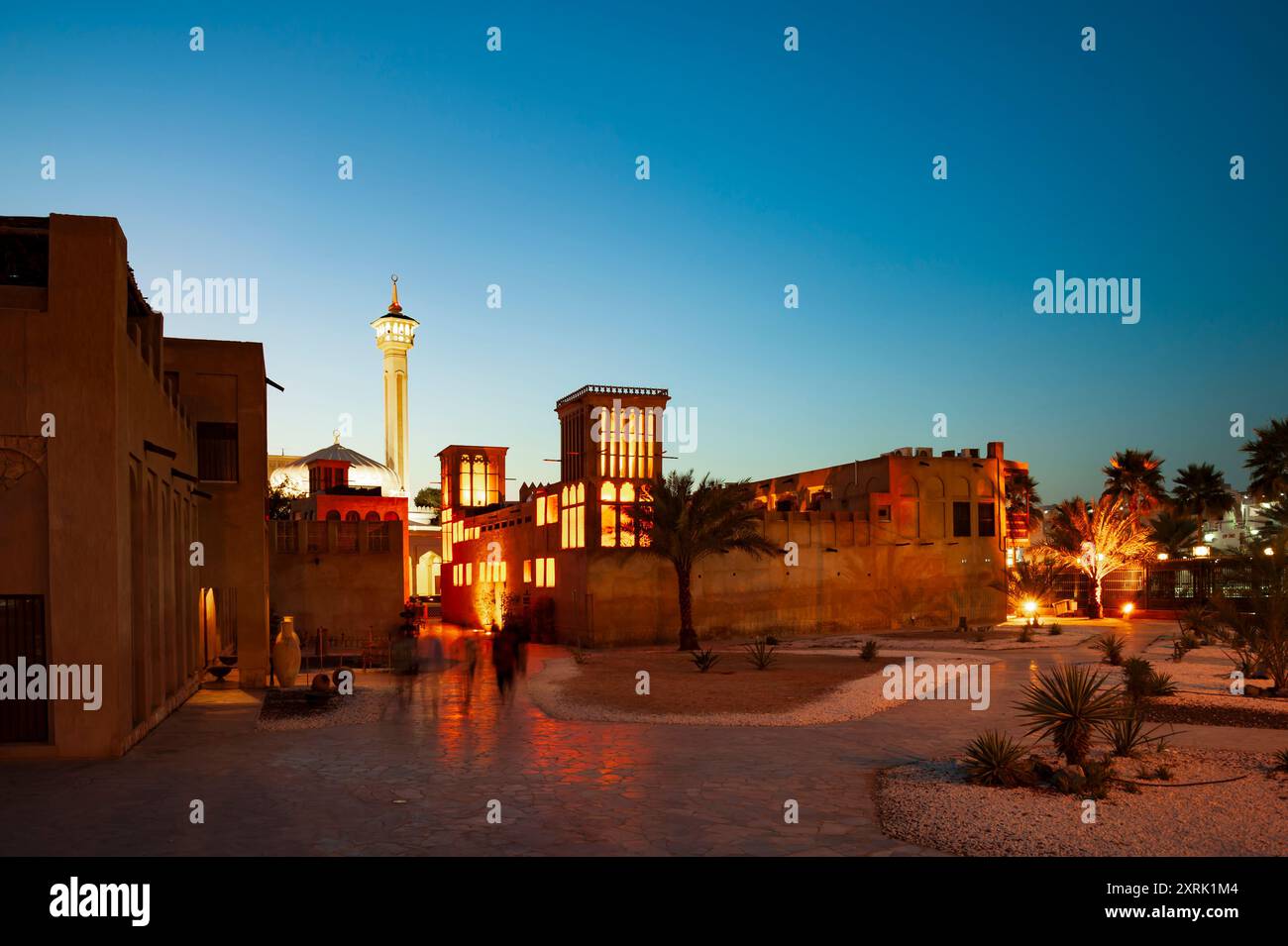 Buildings and mosque at sunset in historic Souk Bastakia now Al Fahidi ...