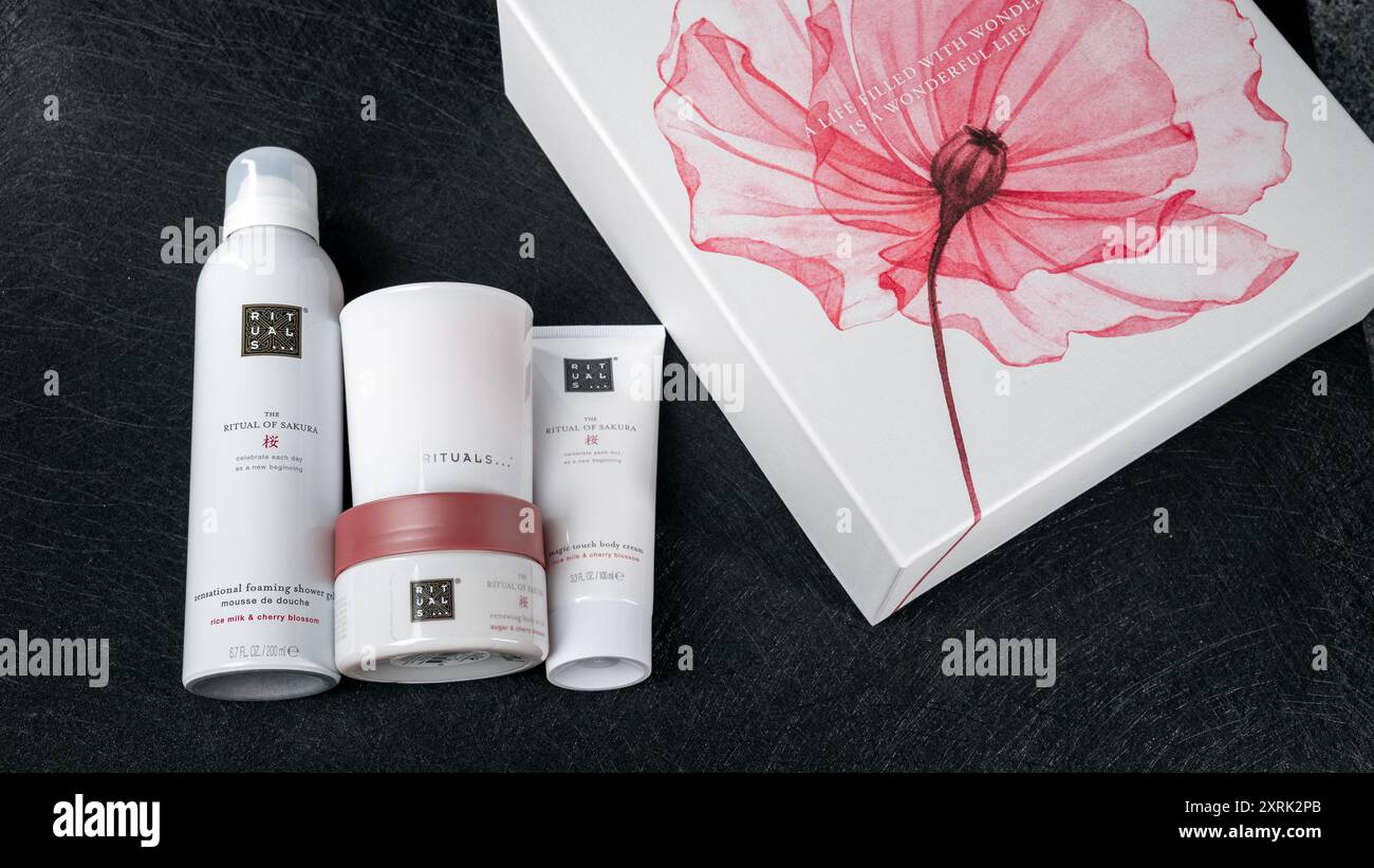 Jurmala, Latvia 25.06.2024: pink set of body care cosmetics- Rituals ...