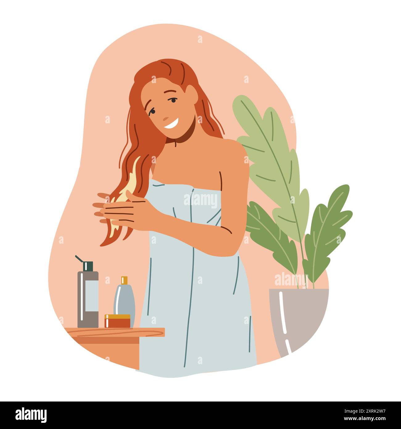 Positive woman spreading lotion on red hair after shower flat color ...