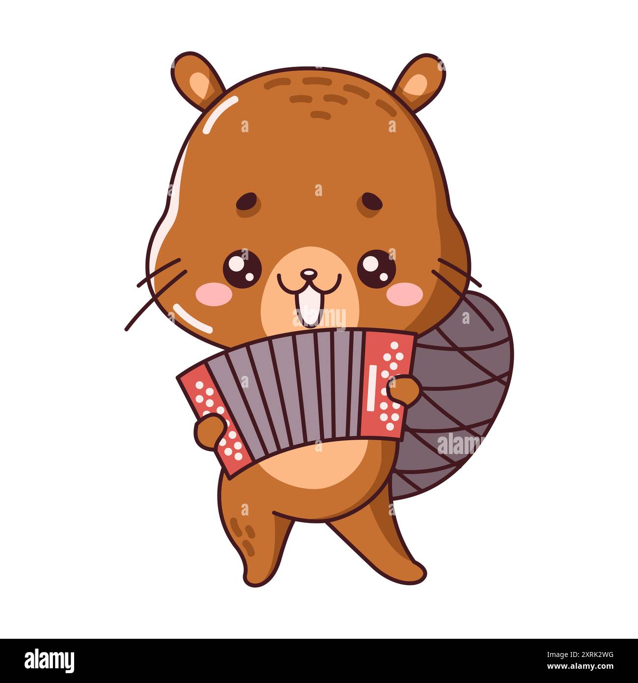 Kawaii beaver plays cheerful tune on accordion flat vector illustration ...