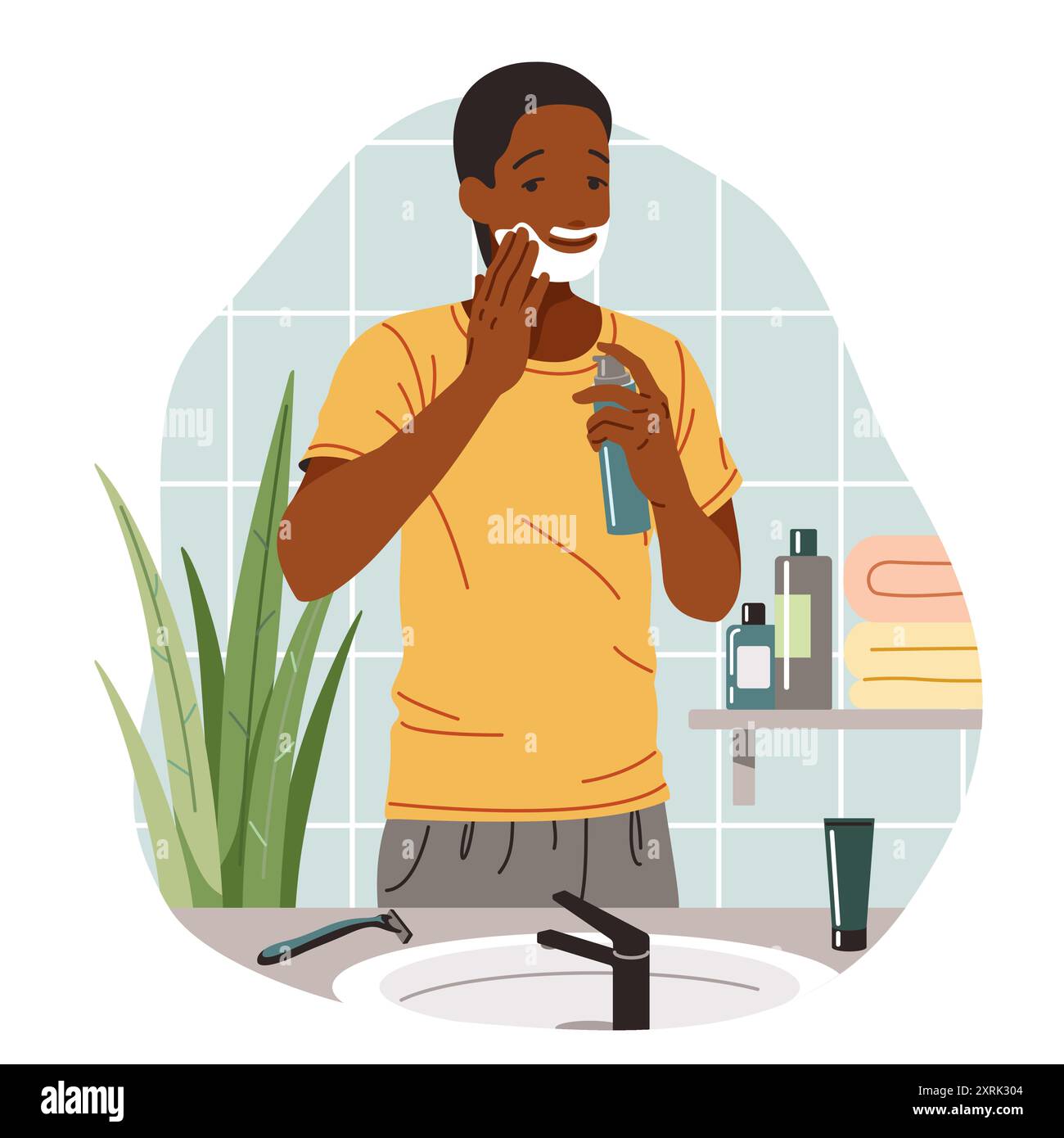 African American man covering face with shaving foam in bathroom flat ...