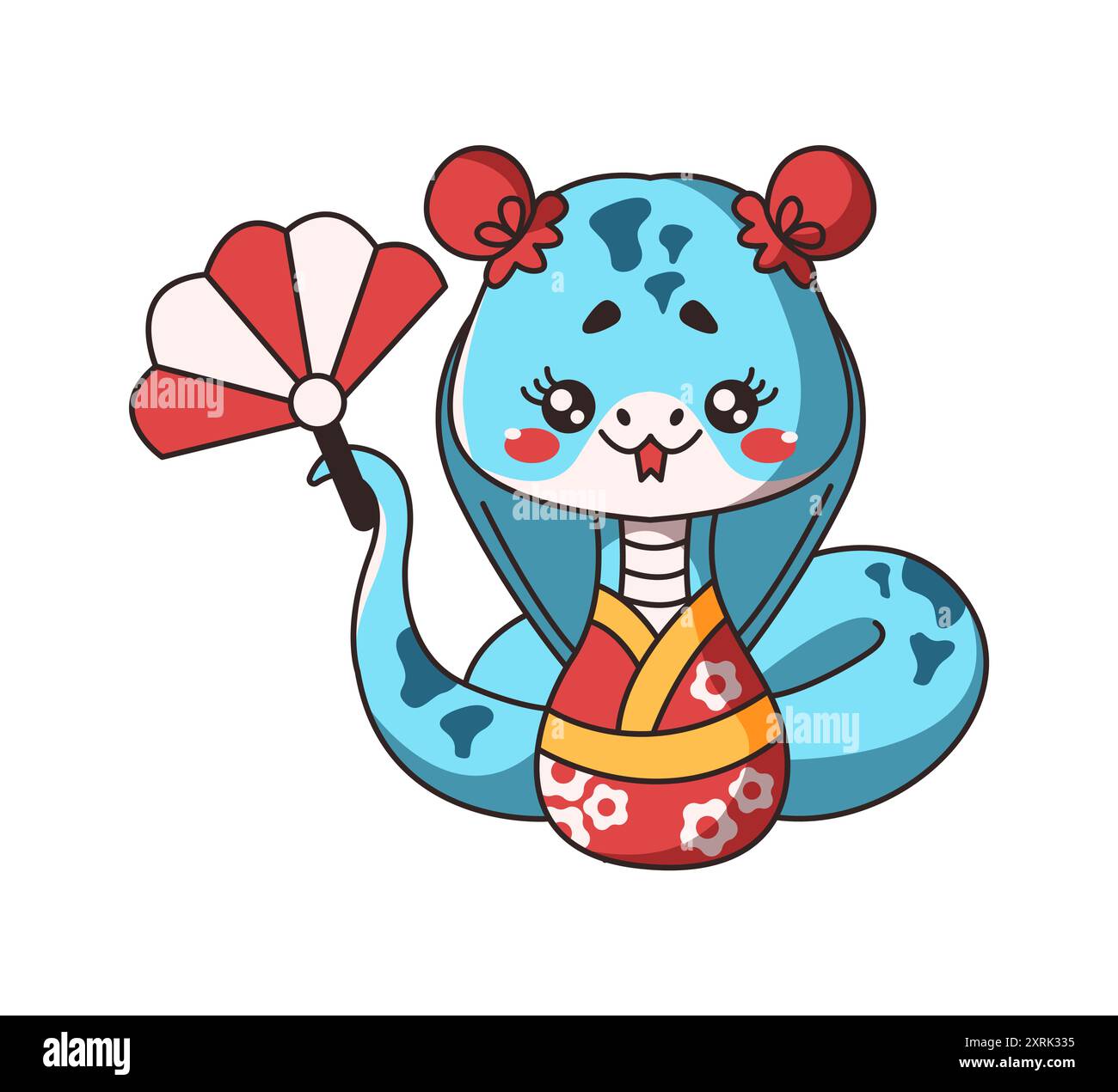 Chinese female snake in colorful kimono holding fan flat color vector ...