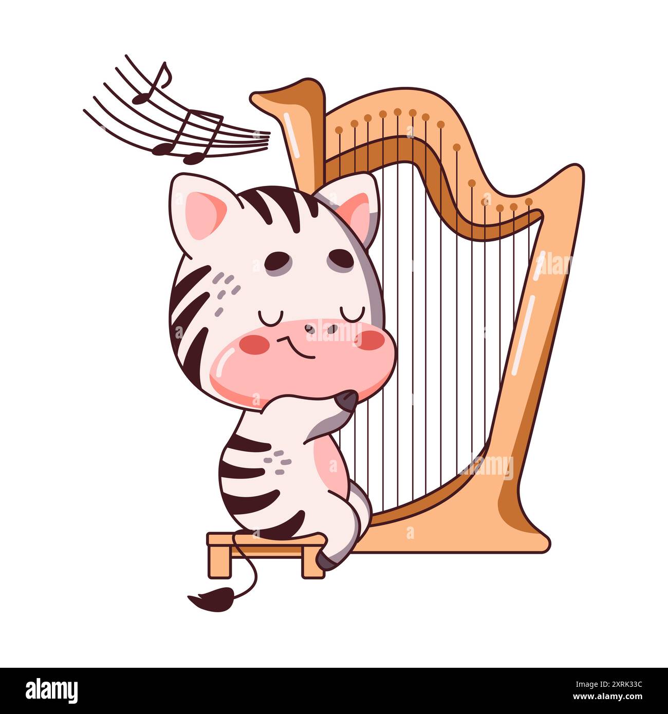 Kawaii cow plucks strings of harp flat vector illustration. Funny calf ...