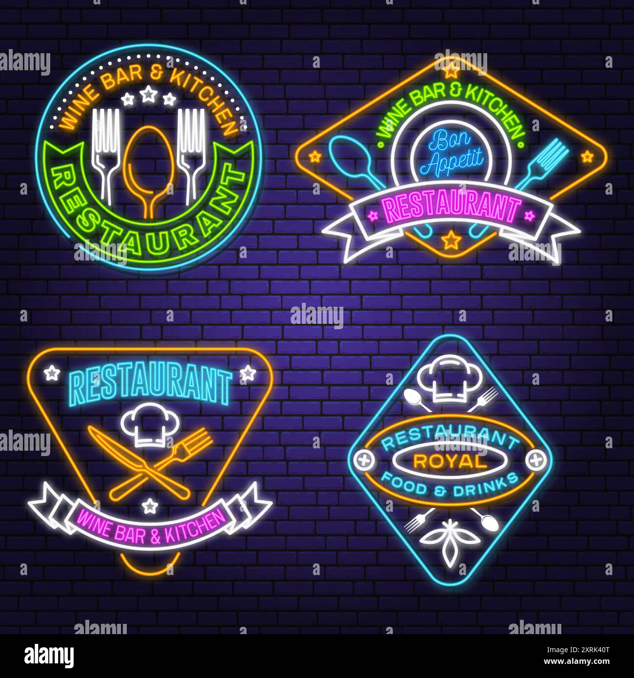 Set of Restaurant logo. Vector Illustration. Neon glowing sign with ...