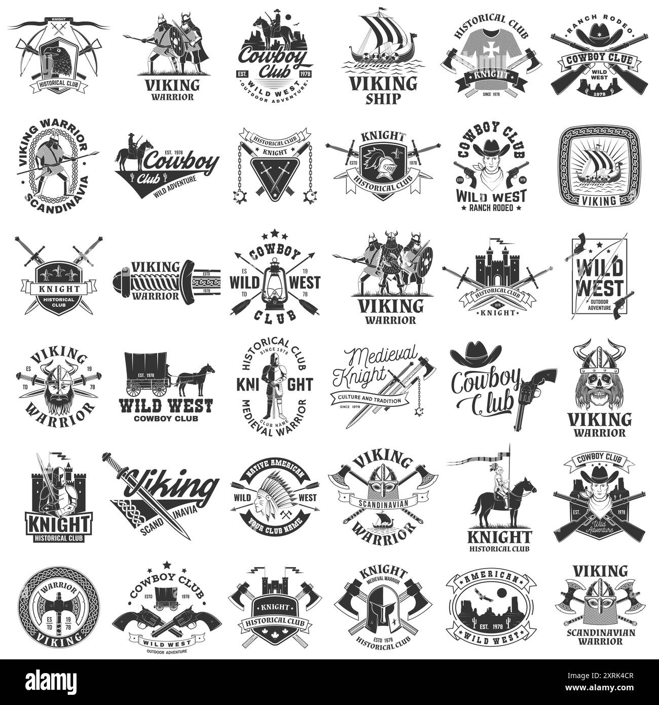 Set of cowboy, viking warrior and knight historical club logos, badges ...