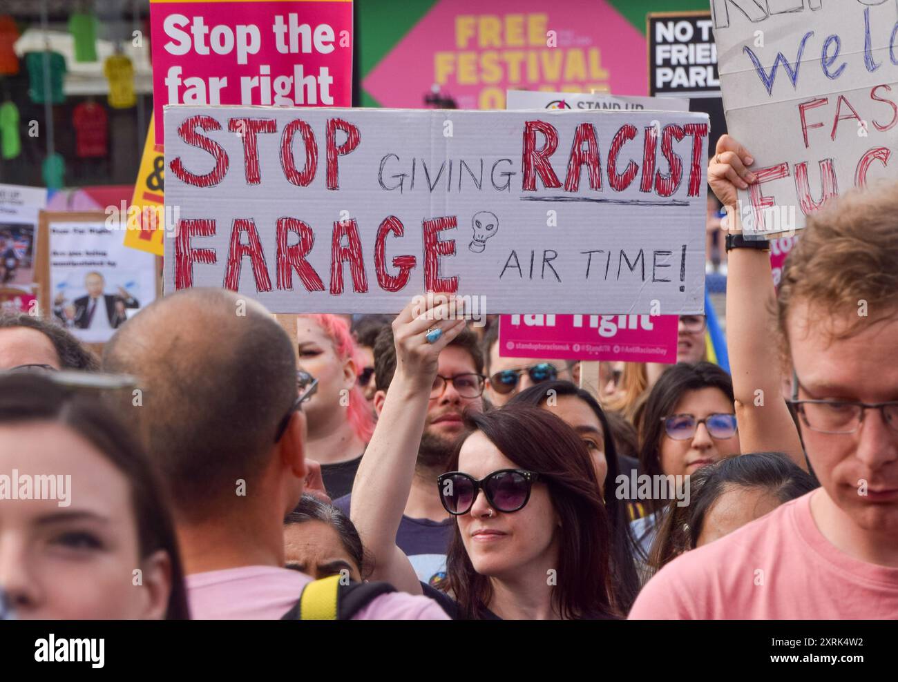 London, UK. 10th August 2024. Protesters gather in Trafalgar Square ...
