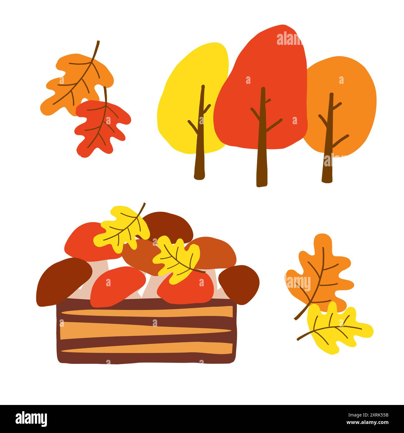 Colorful autumn leaves and trees in a simple illustration featuring a ...