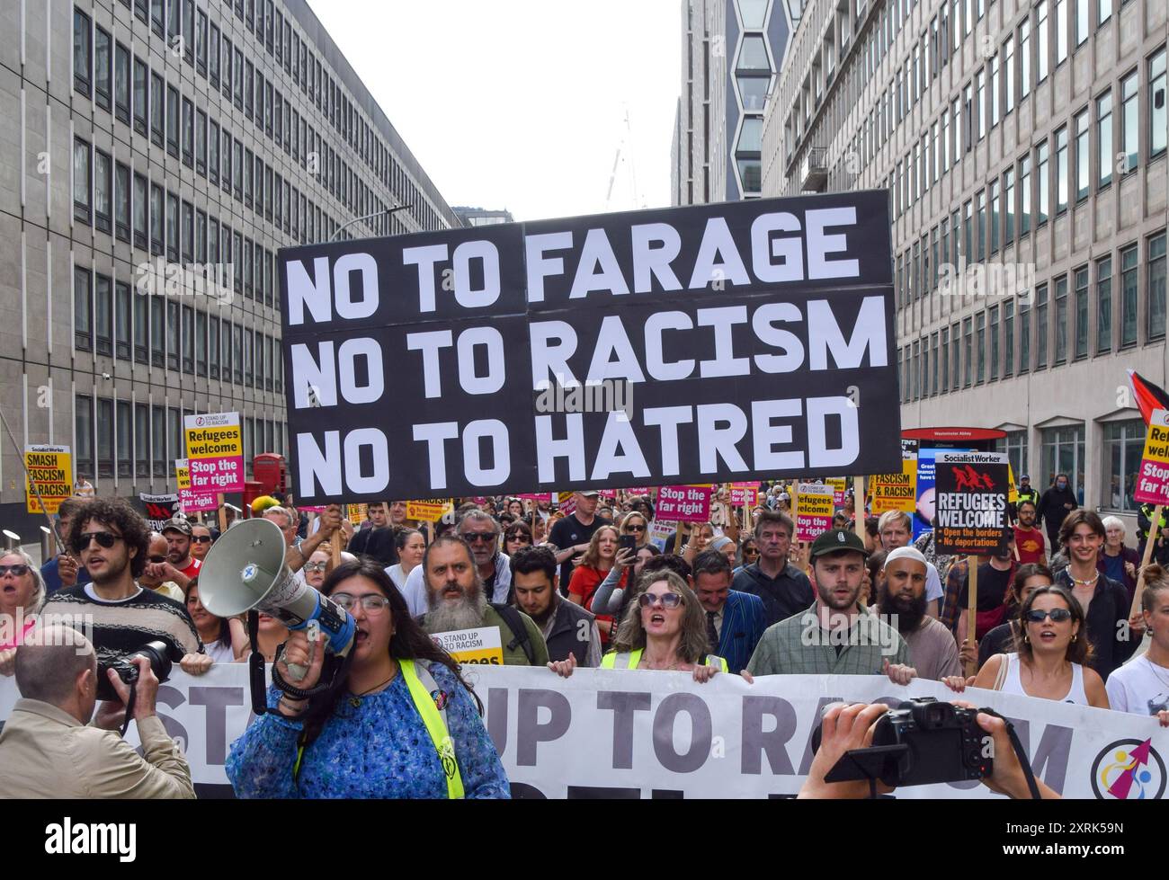 London, UK. 10th August 2024. Protesters march in Westminster against ...