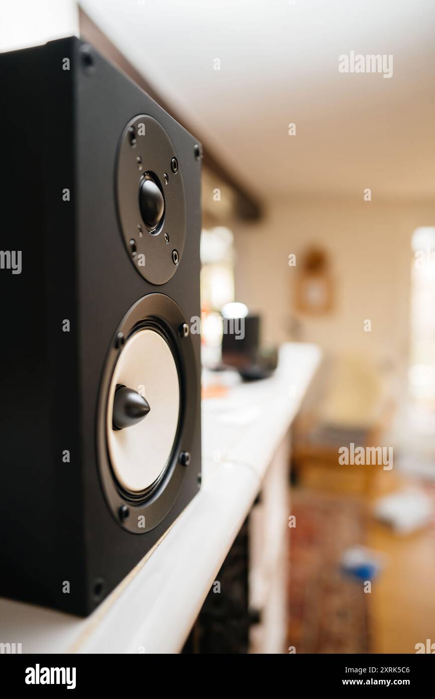 A bookshelf houses a sleek white Bose shelf speaker, blending ...