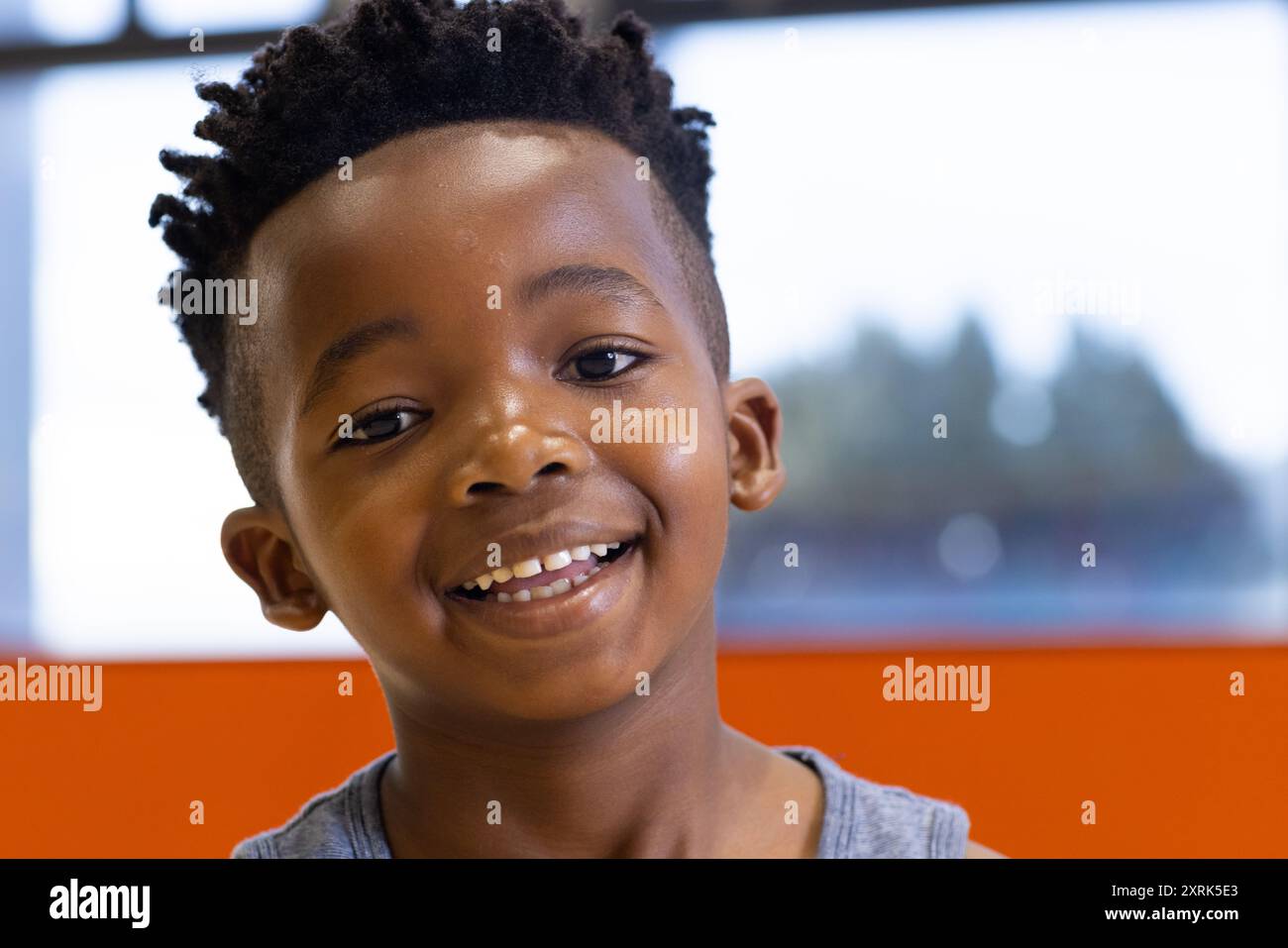 Smiling boy in school classroom, looking at camera with cheerful ...