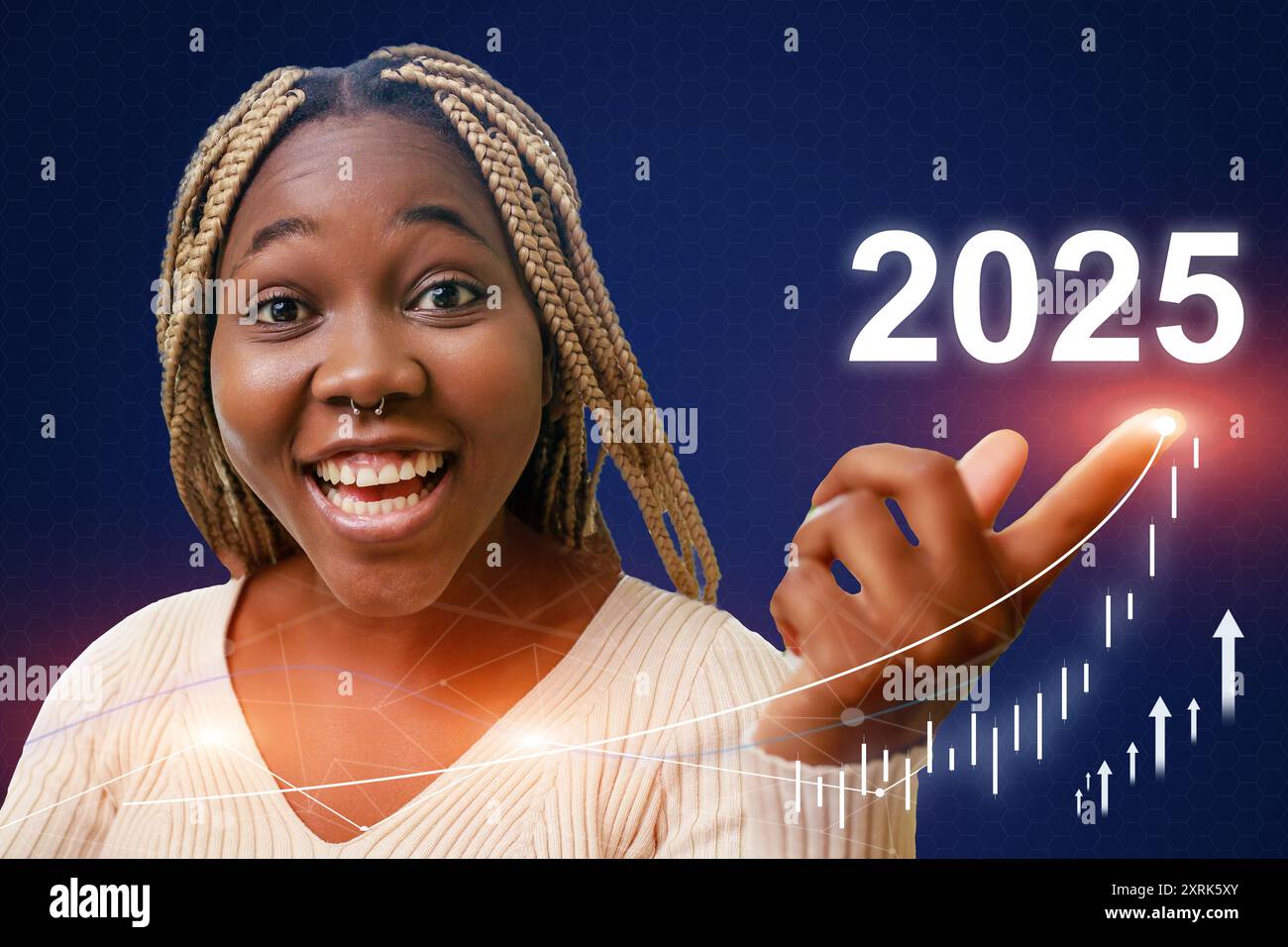A woman with long hair is pointing to the year 2025 Stock Photo - Alamy