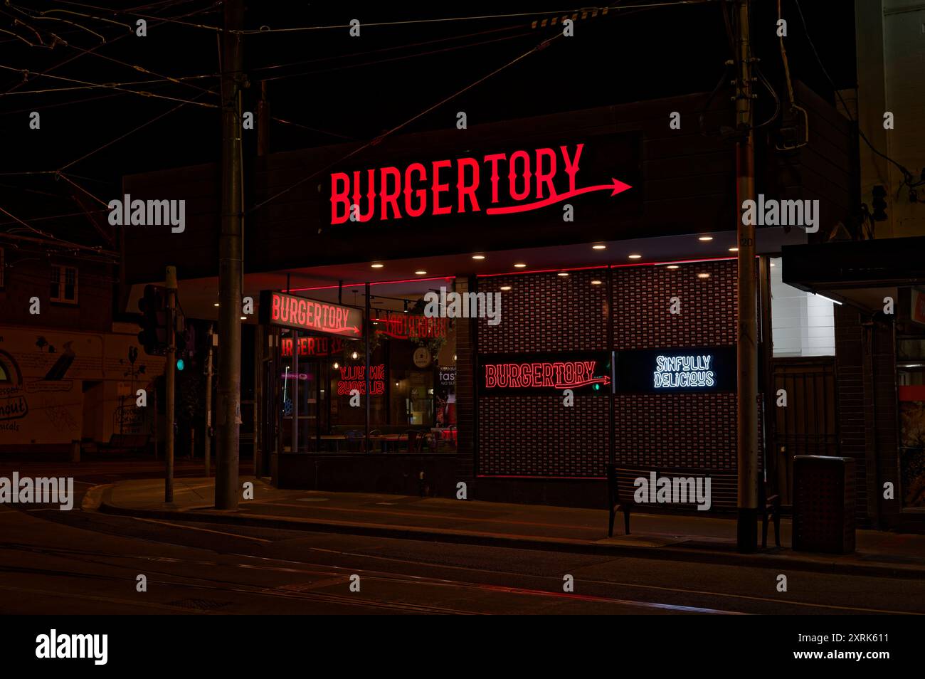Exterior of Burgertory store in Caulfield, featuring bright red signage ...