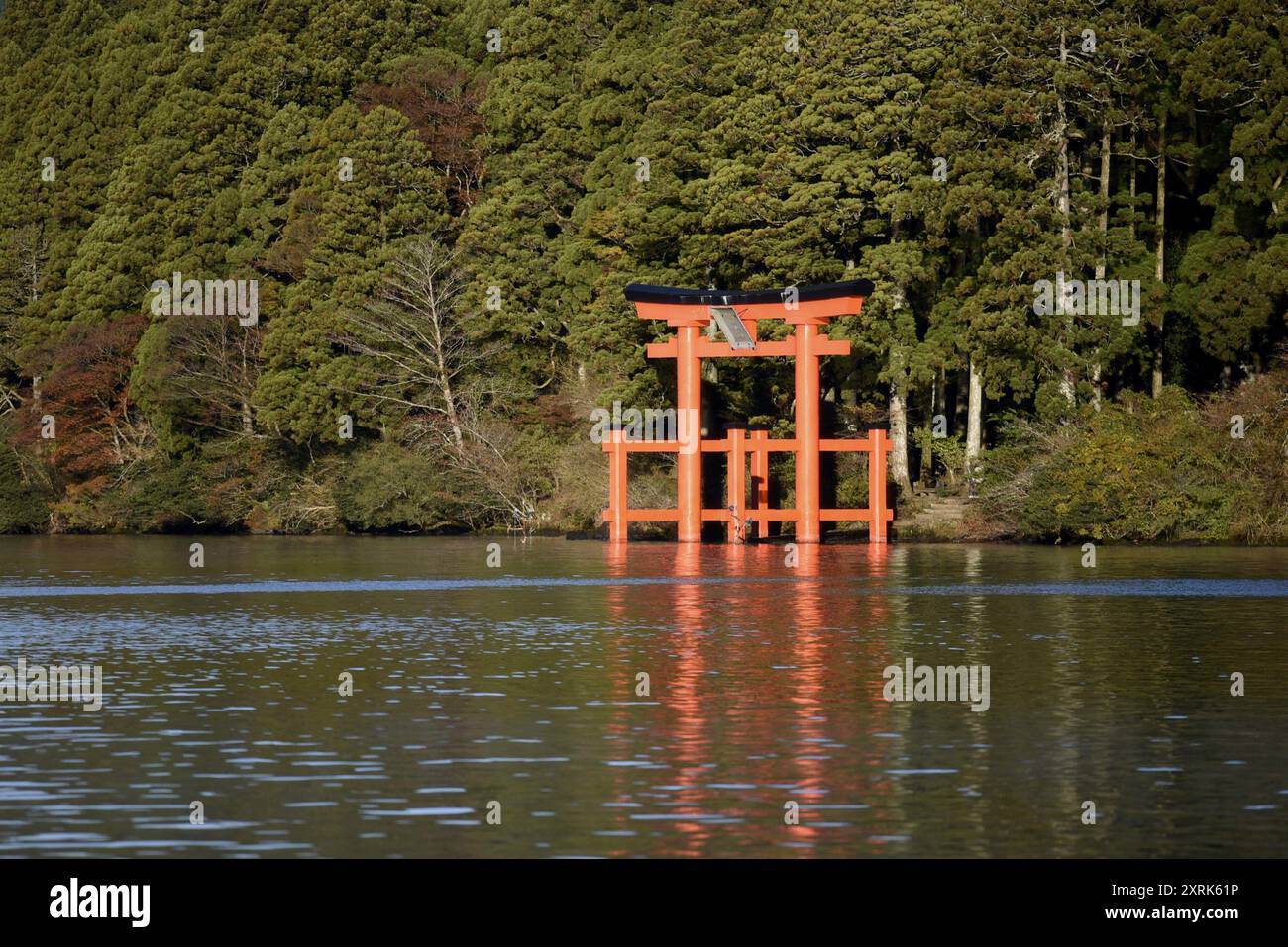 Landscape with scenic view of Hakone-jinja shrine red torii gate a ...