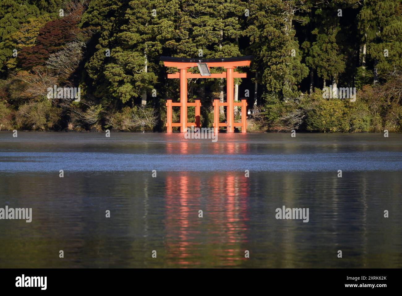 Landscape with scenic view of Hakone-jinja shrine red torii gate a ...