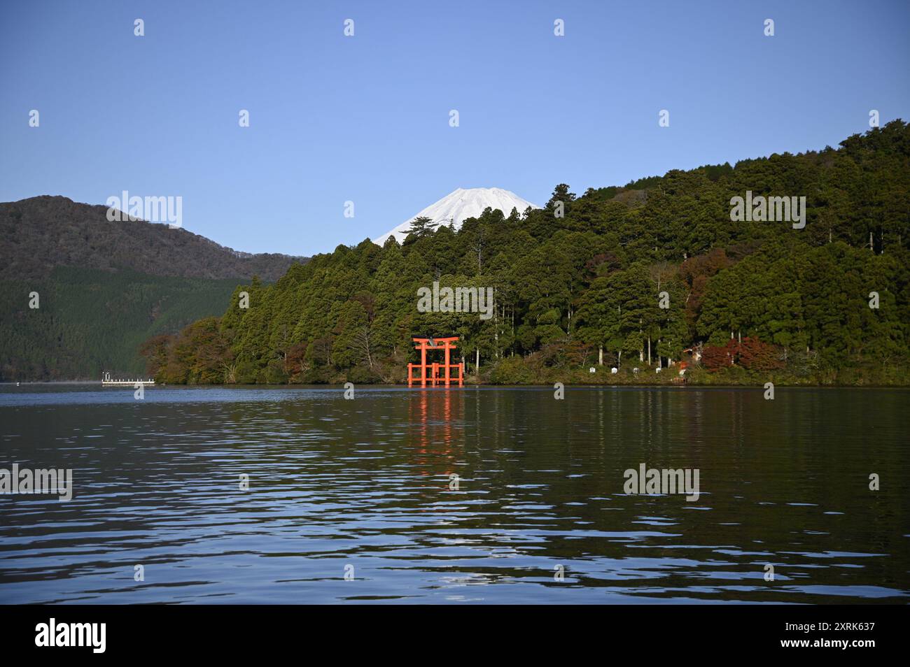 Landscape with scenic view of Hakone-jinja shrine red torii gate the ...