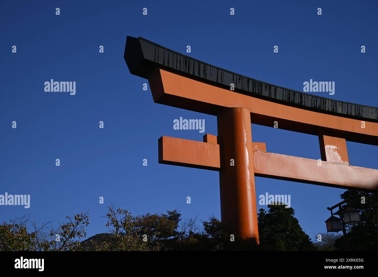 Landscape with scenic view of Hakone-jinja shrine red torii gate a worship place on the ...